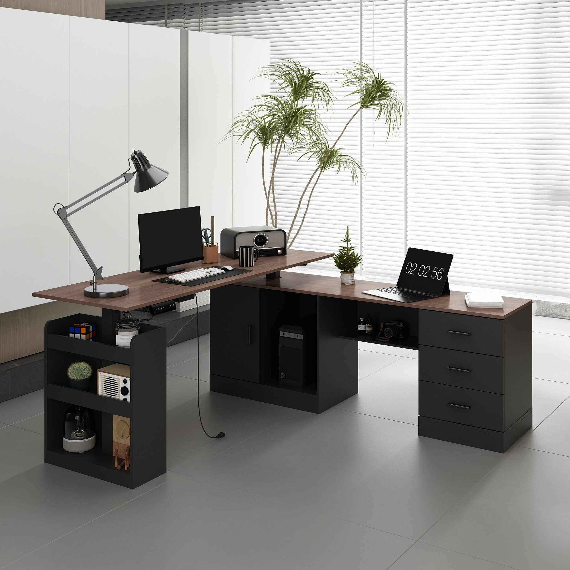Latitude Run® 63'' L-Shaped Electric Standing Desk With Drawers ...
