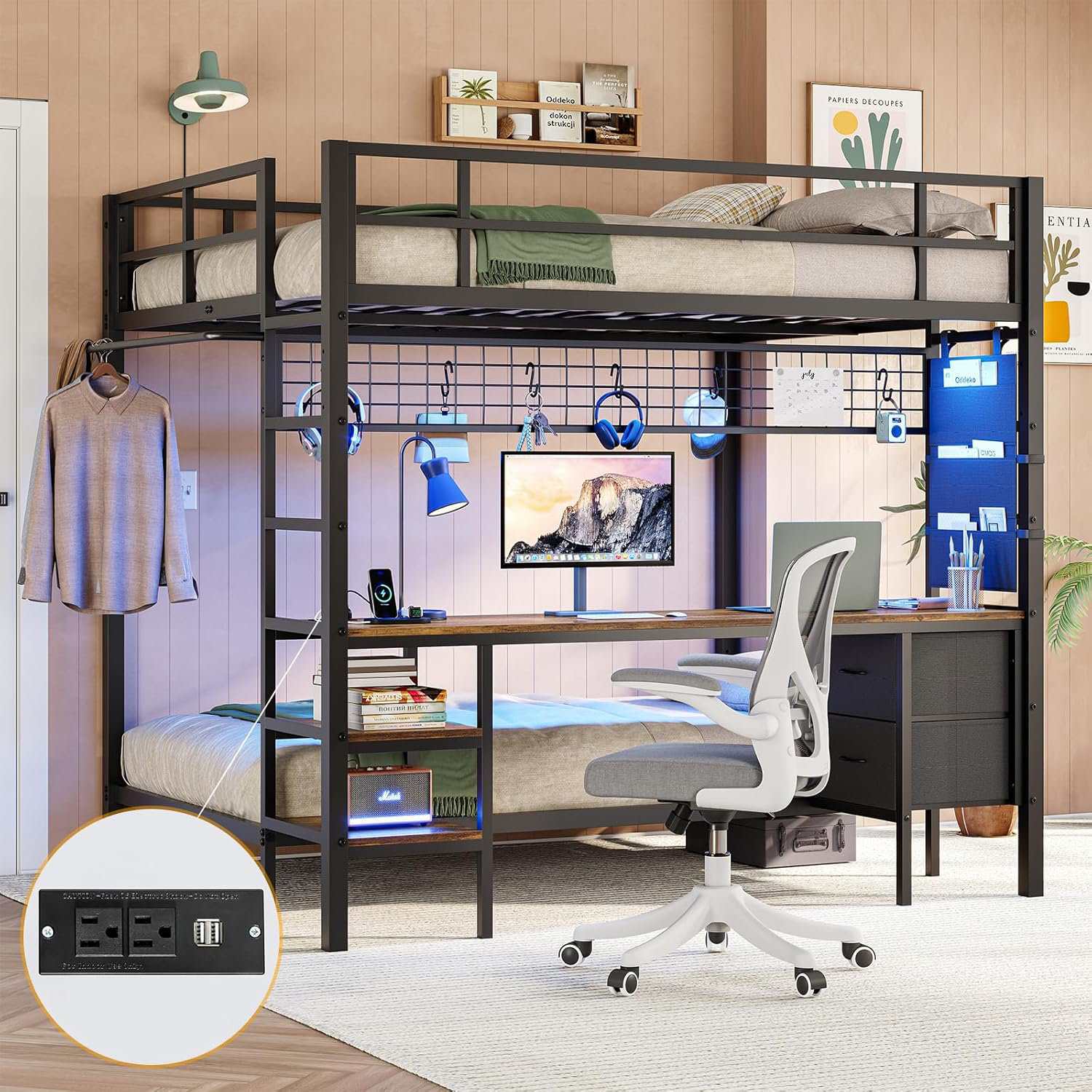 Mason & Marbles Bunk Bed Frame With Desk And Charging Station Metal ...