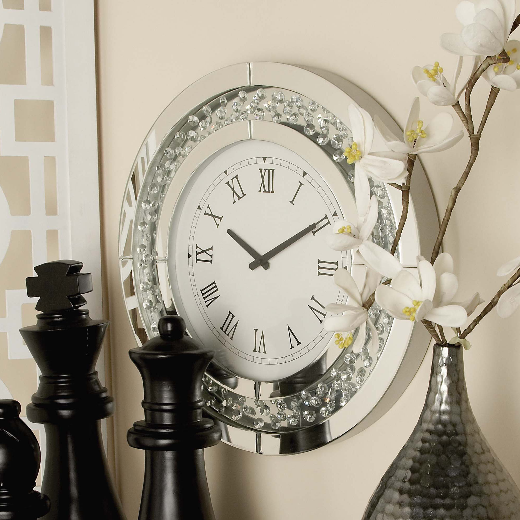 Rosdorf Park Ansonia Glass Mirrored Decorative White Wall Clock with ...