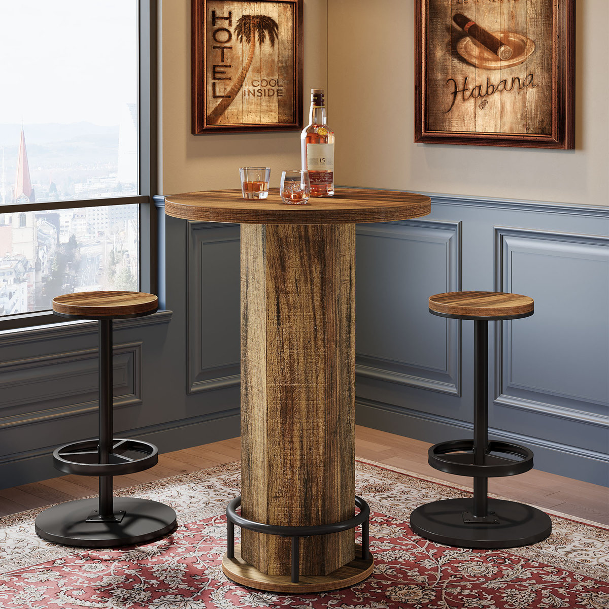 17 Stories Round Bar Table Set, Farmhouse Home Bar with 2 barstools ...
