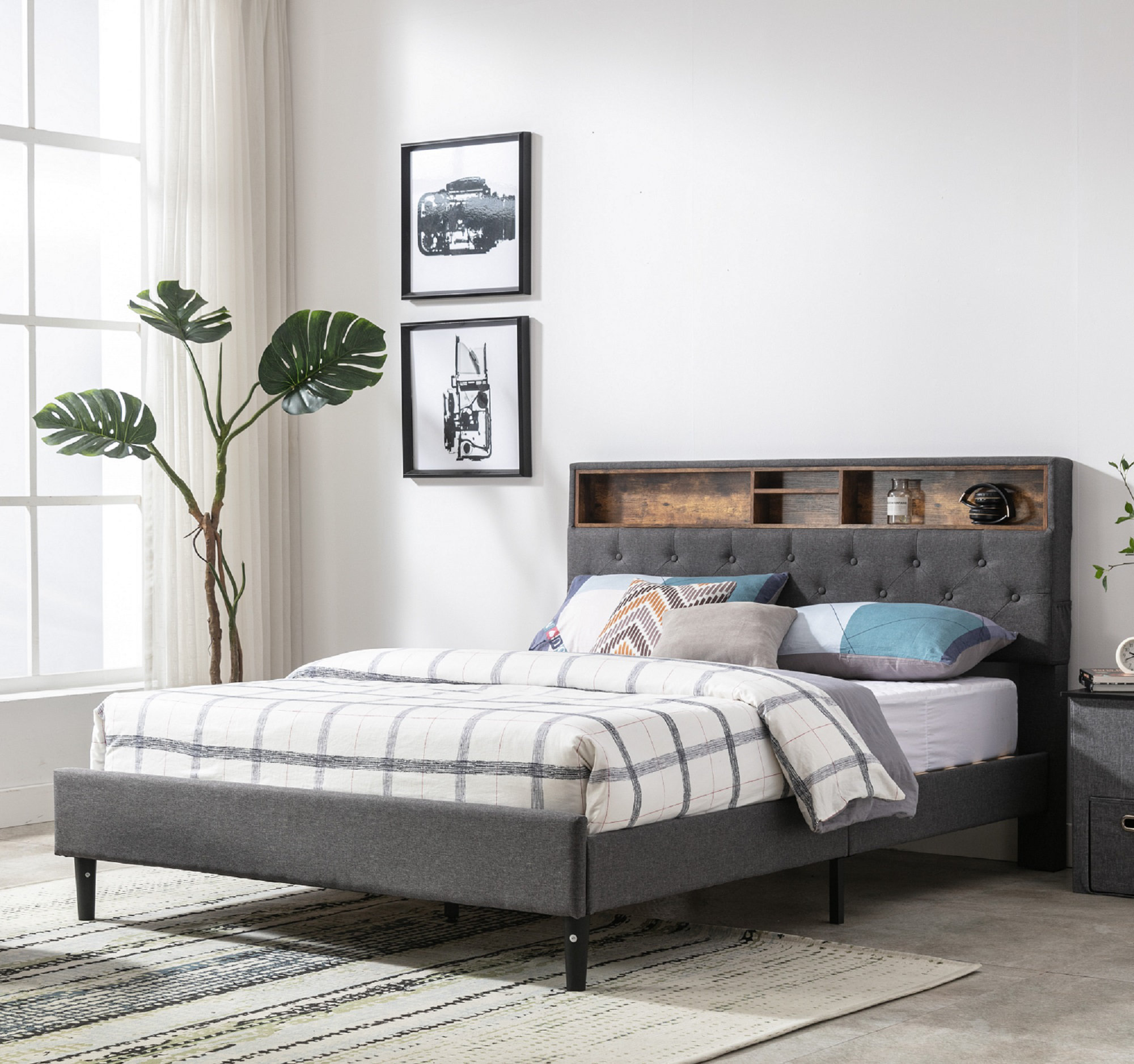 Winston Porter Modern Upholstered Bed Frame with 4 Storage Shelves ...