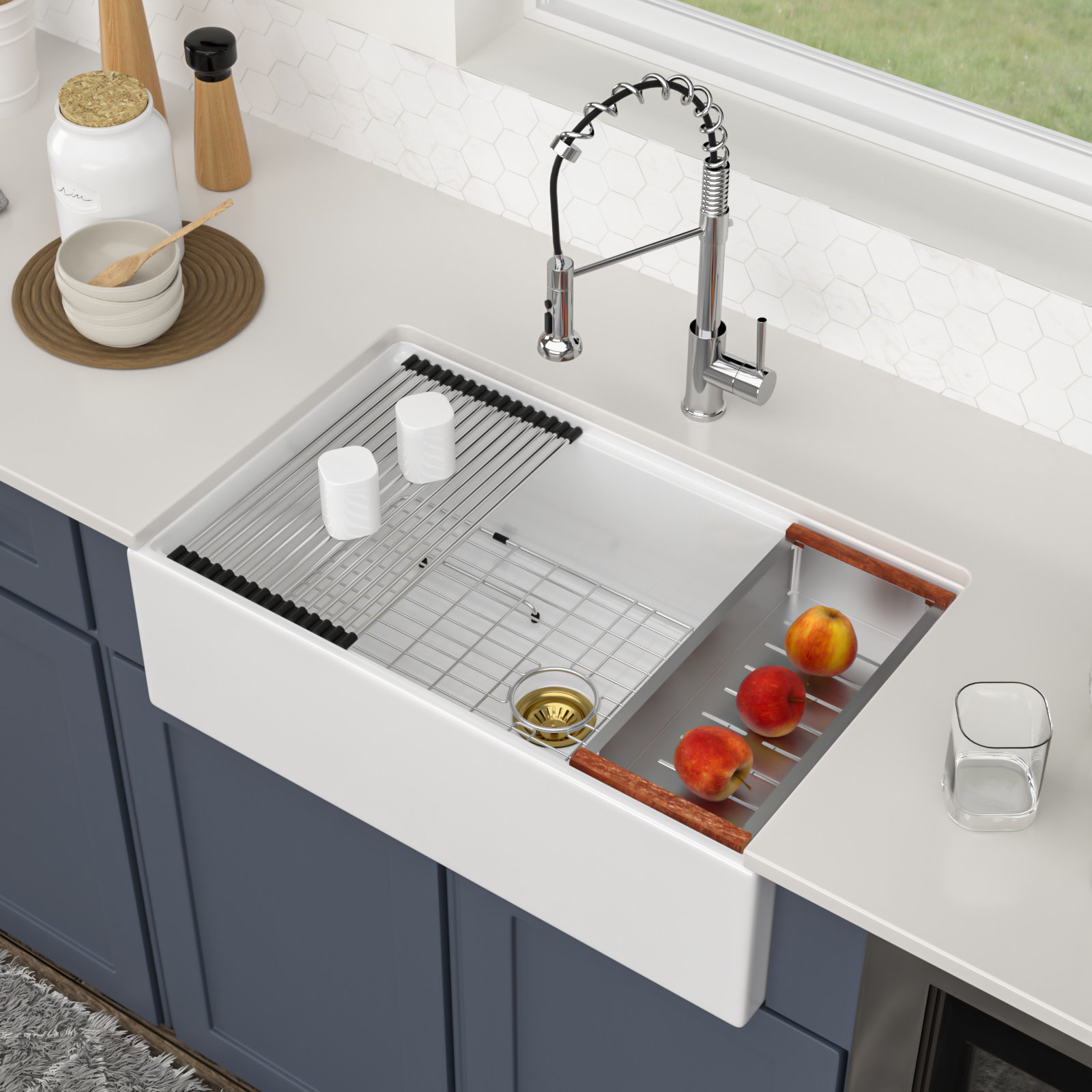 Logmey 30" L x 20" W Farmhouse Kitchen Sink Workstation Sink White ...