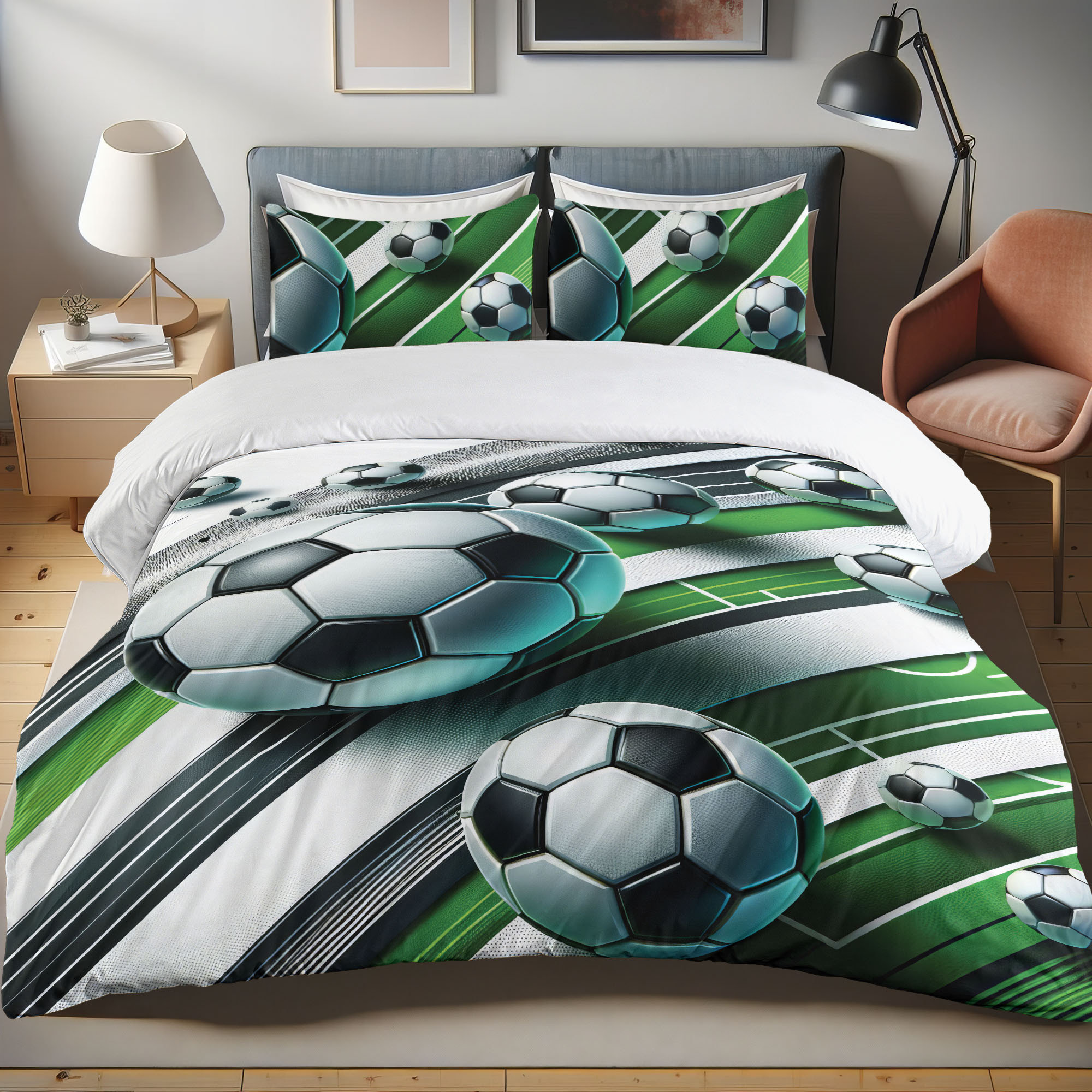 Ambesonne Soccer Themed Duvet Cover Set Footballs and Stripes Fern ...
