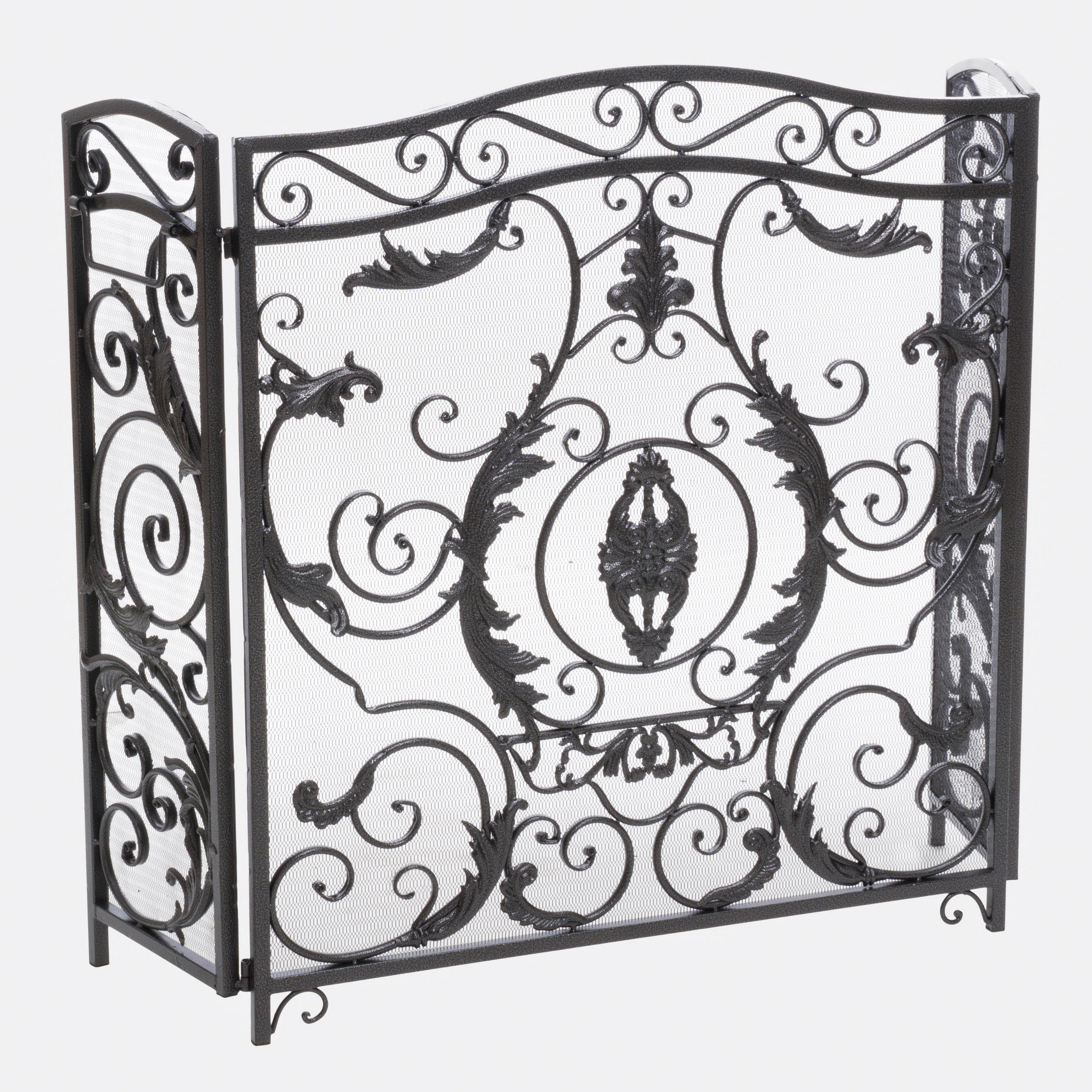 Benjara Fireplace Screen, Scrollwork Mesh Design, Iron W Black, Silver ...