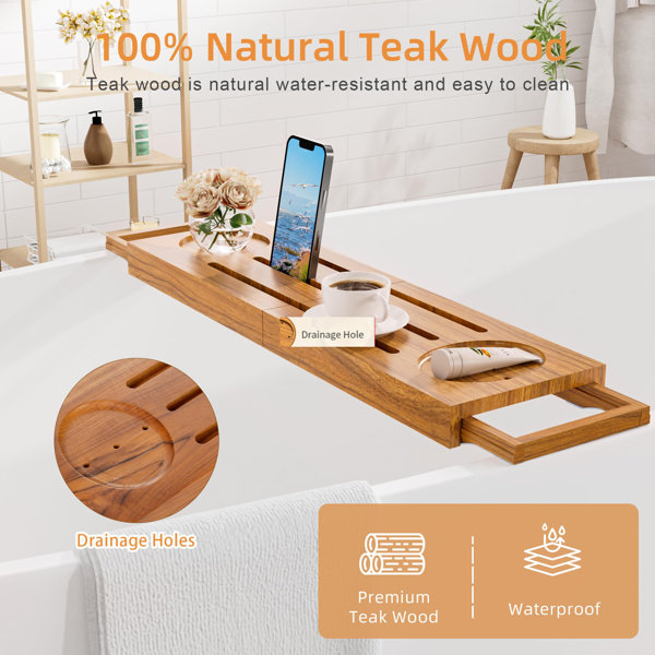 Loon Peak® Foldable Natural Teak Bathtub Tray With Retractable Handle ...