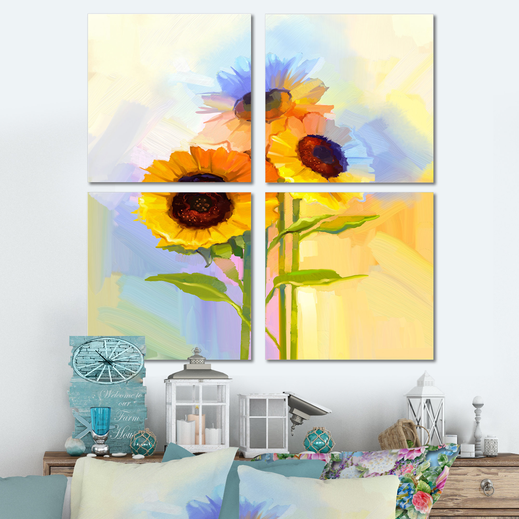 Red Barrel Studio Yellow Sunflowers With Green Leaves - Floral Canvas ...