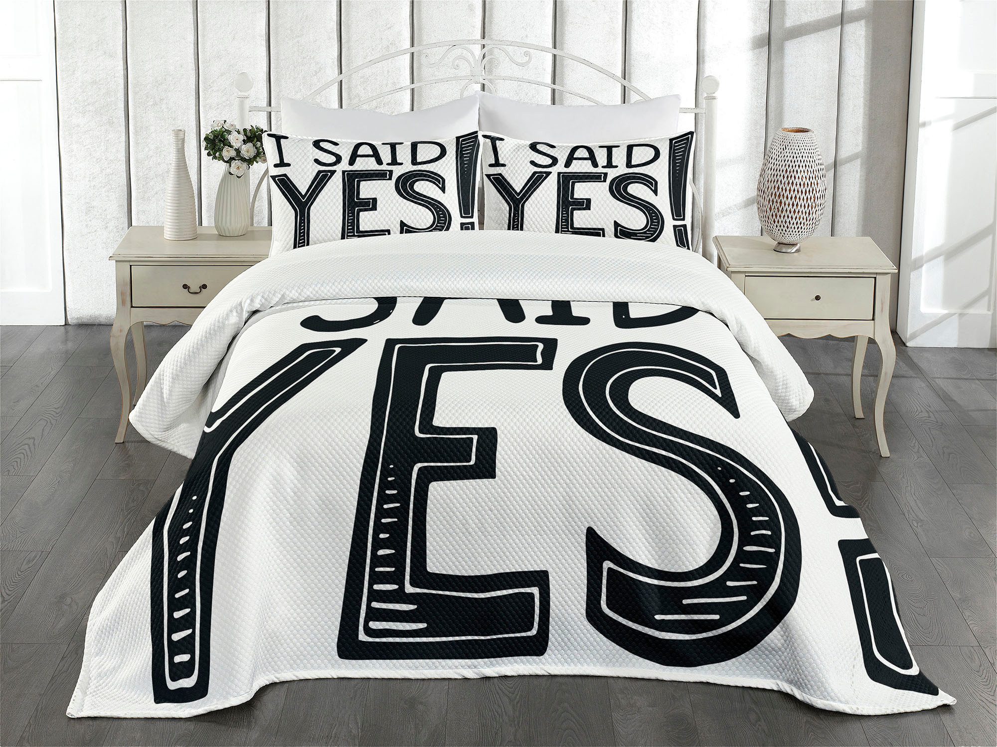 Ambesonne Saying Bedspread Set 3 Pcs I Said Yes Words Queen Black and ...