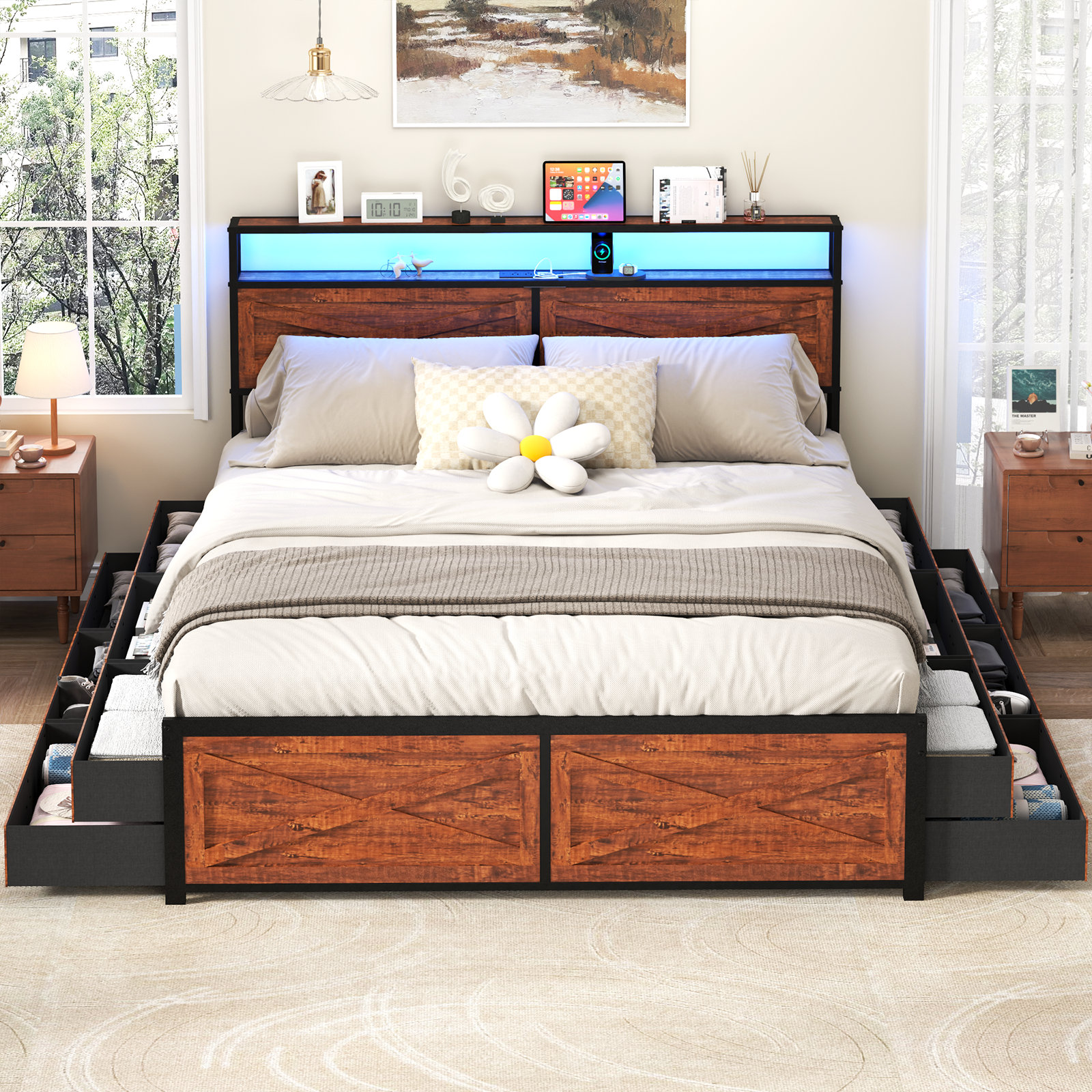 Ivy Bronx Queen/King Size Storage Bed Frame With 12 Drawers, USB ...