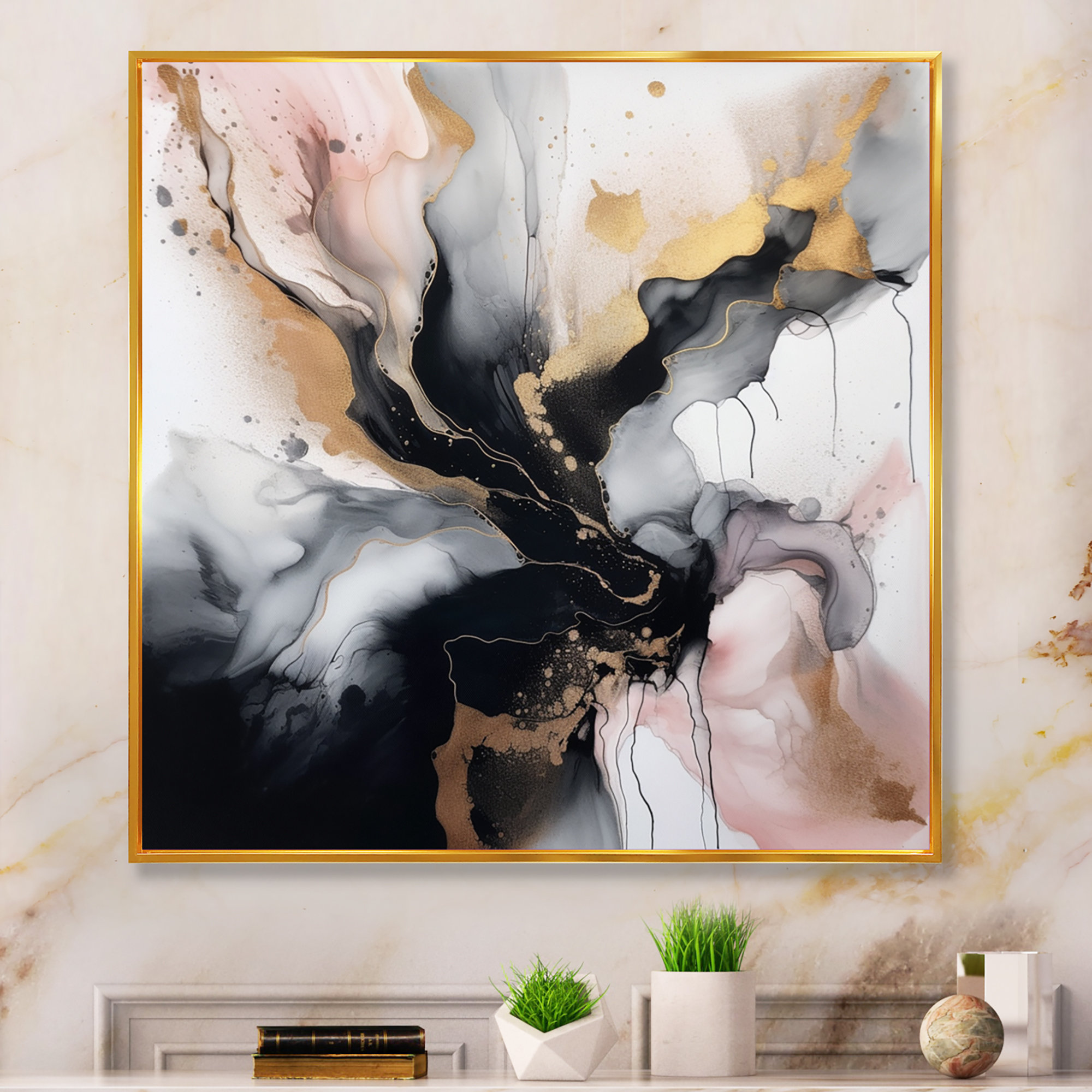 Mercer41 Pink Black Textured Splash Marble II - Abstract Marble Canvas ...