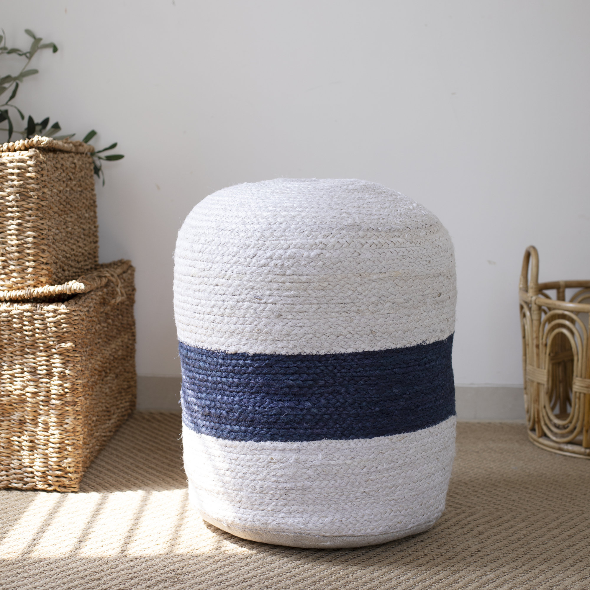Highland Dunes Abdella Coastal Color block Handwoven Jute/Cotton Blend Upholstered Ottoman Pouf ...