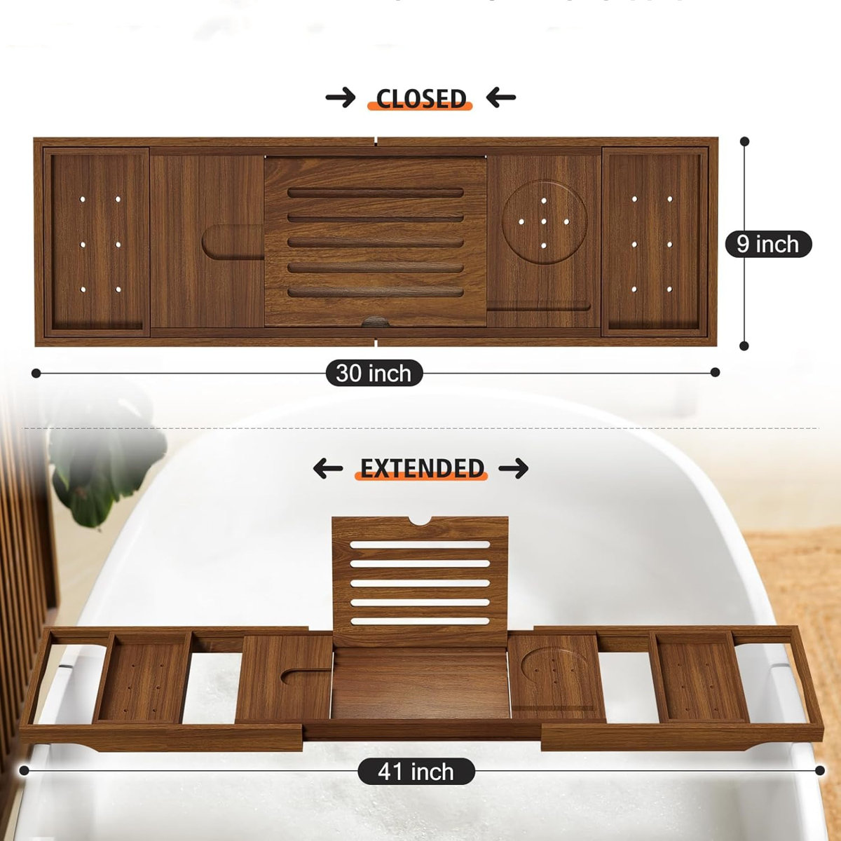 HUDSON & ASHTON LLC Modern Expandable Teak Bathtub Tray, Non-slip and ...