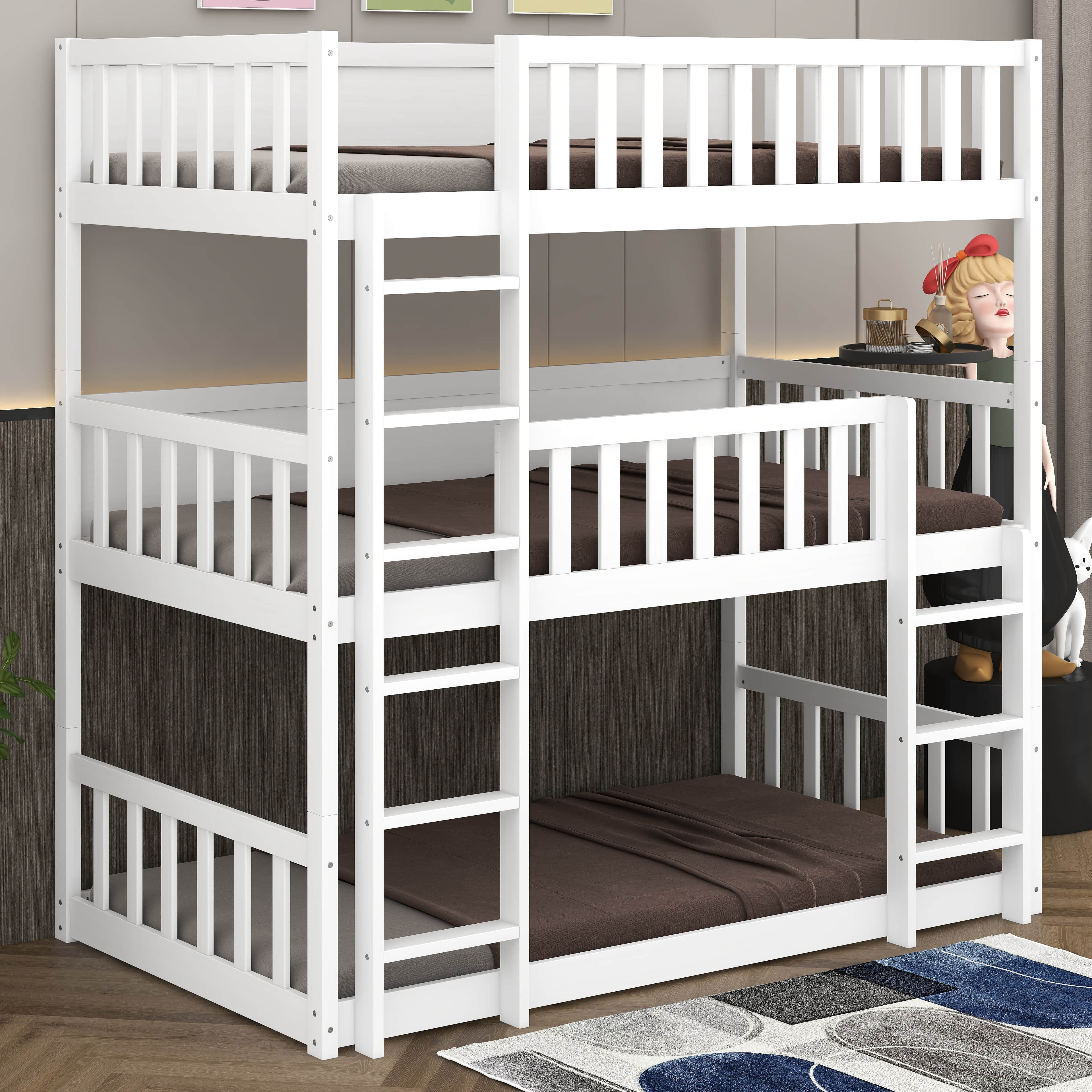 Harriet Bee Twin Size Triple Rubber Wood Bunk Bed, With Ladders ...