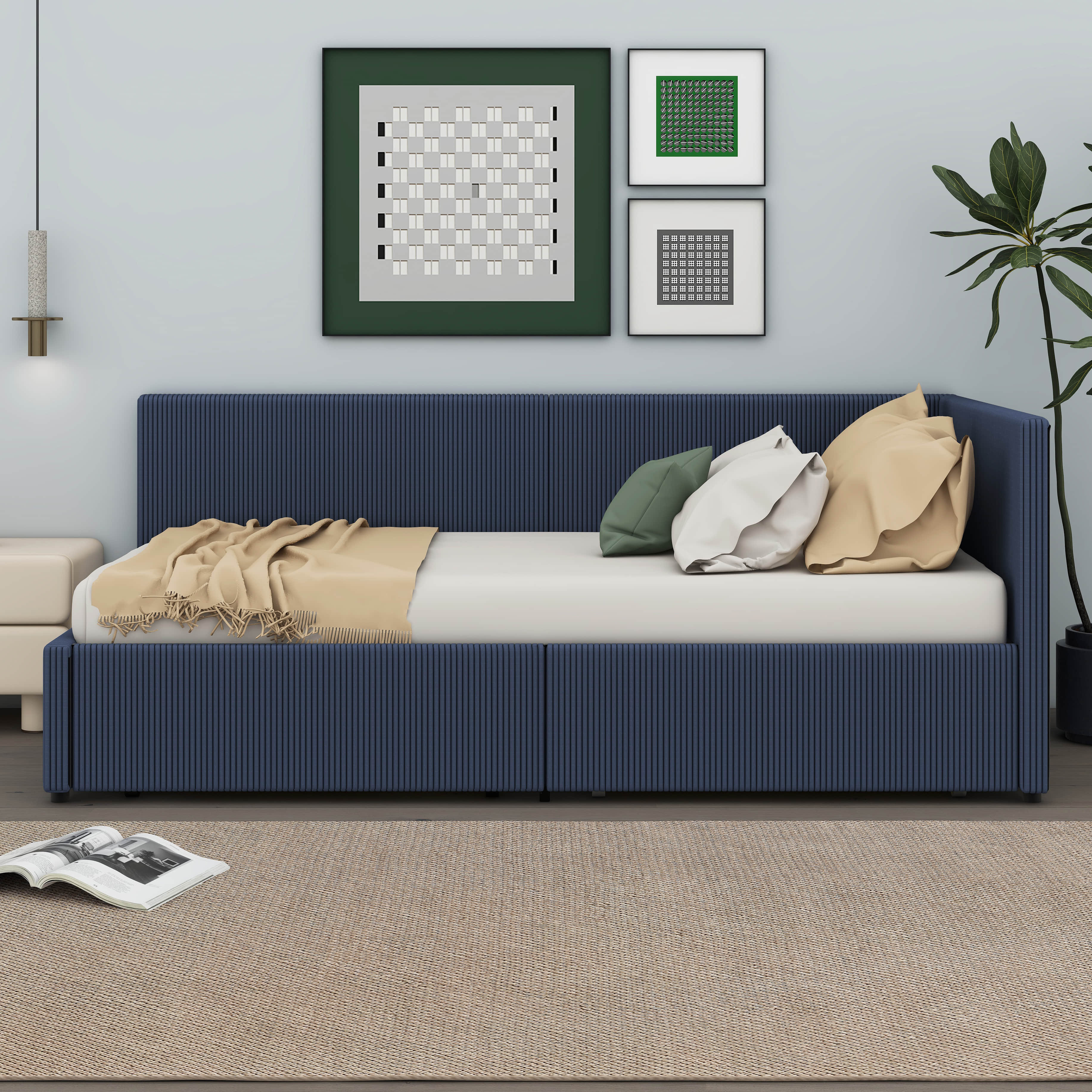 Latitude Run® Twin Size L Shape Corner Bed, Corduroy Upholstered Daybed ...