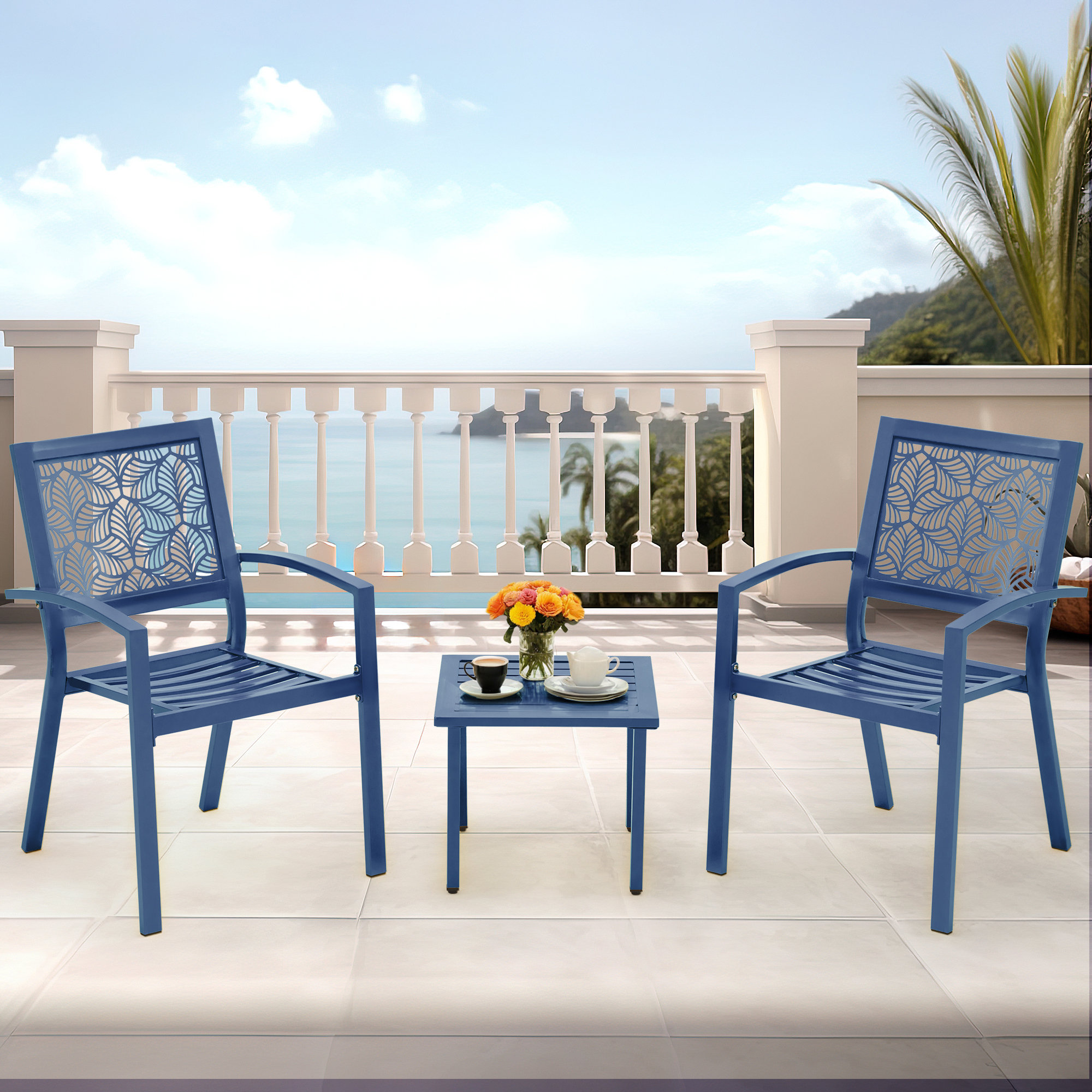 EROMMY Outdoor Bistro Set 3 Piece Set - Comfortable Metal Patio Chairs ...