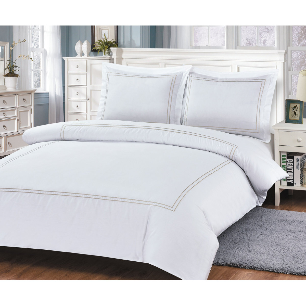 Violet Linen French Hotel Border Pattern Cotton Percale Duvet Cover Set ...