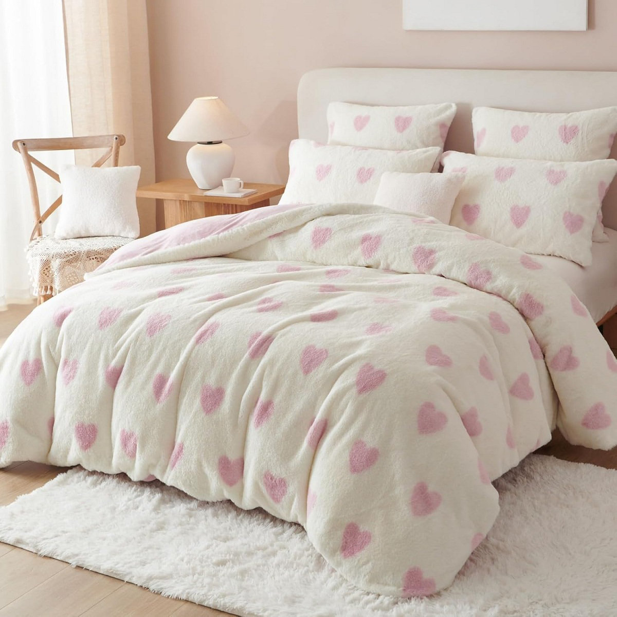 Nayoroom Plush Bedding Set Heart Love Faux Fur Fluffy Winter Bedding ...