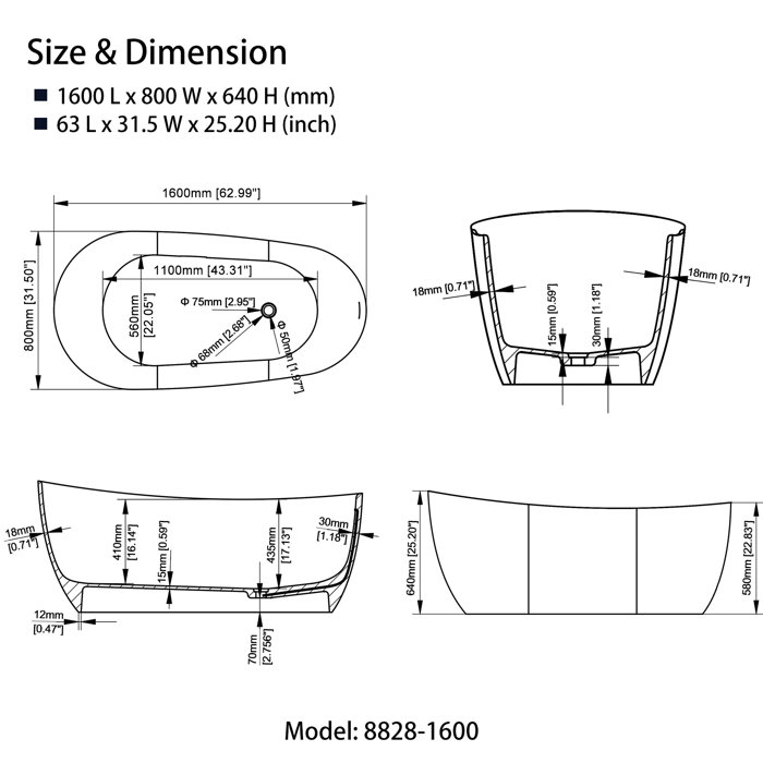 Pensen 63'' x 31.5'' Freestanding Soaking Solid Surface Bathtub | Wayfair