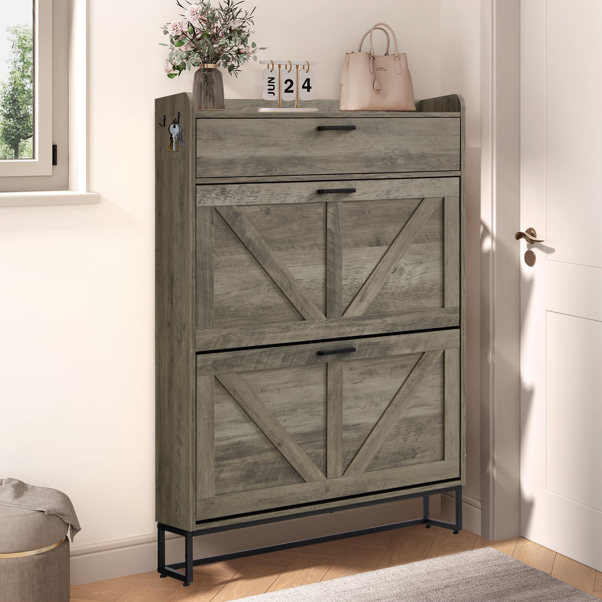 Gracie Oaks 16 Pair Shoe Storage Cabinet With 2 Flip Drawers, Farmhouse ...