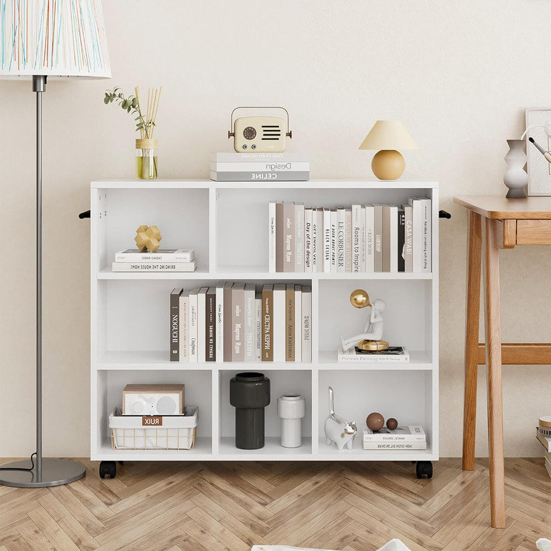 AMIZOY 4-layer Book Cart, Wood Rolling Library Book Truck with Lockable ...