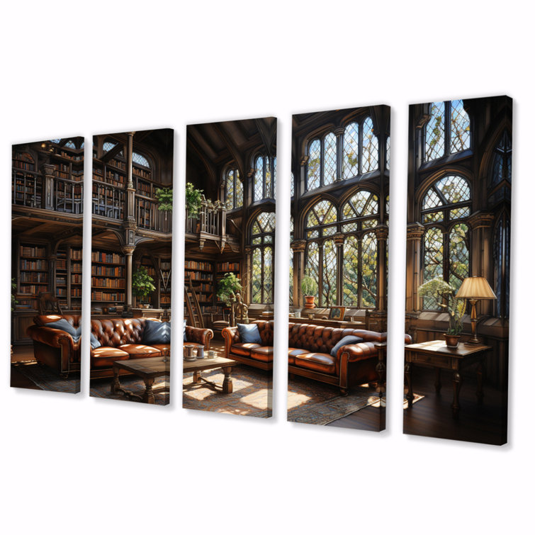 Ebern Designs Libraries Literary Haven II On Canvas 5 Pieces Print ...