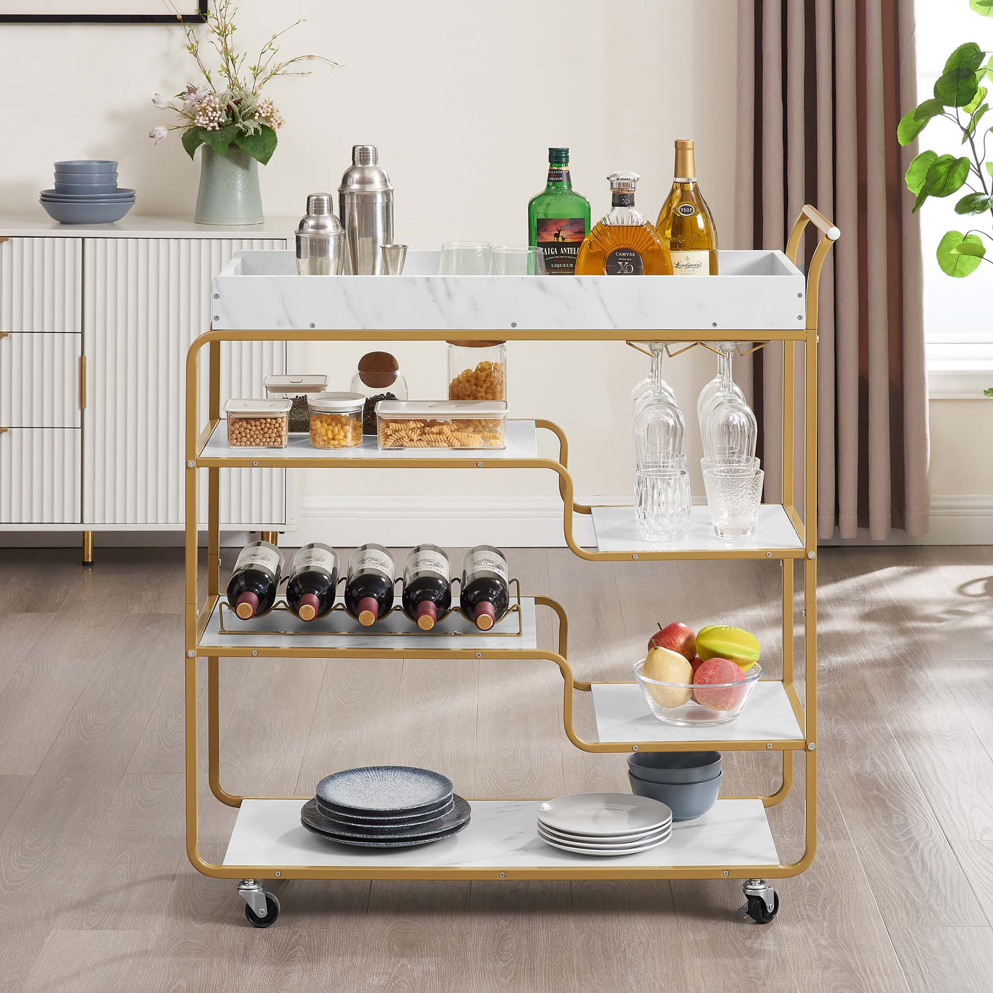 Ophelia & Co. 6-Tier Bar Cart, Slide Bar Serving Cart, Retro Style Wine ...