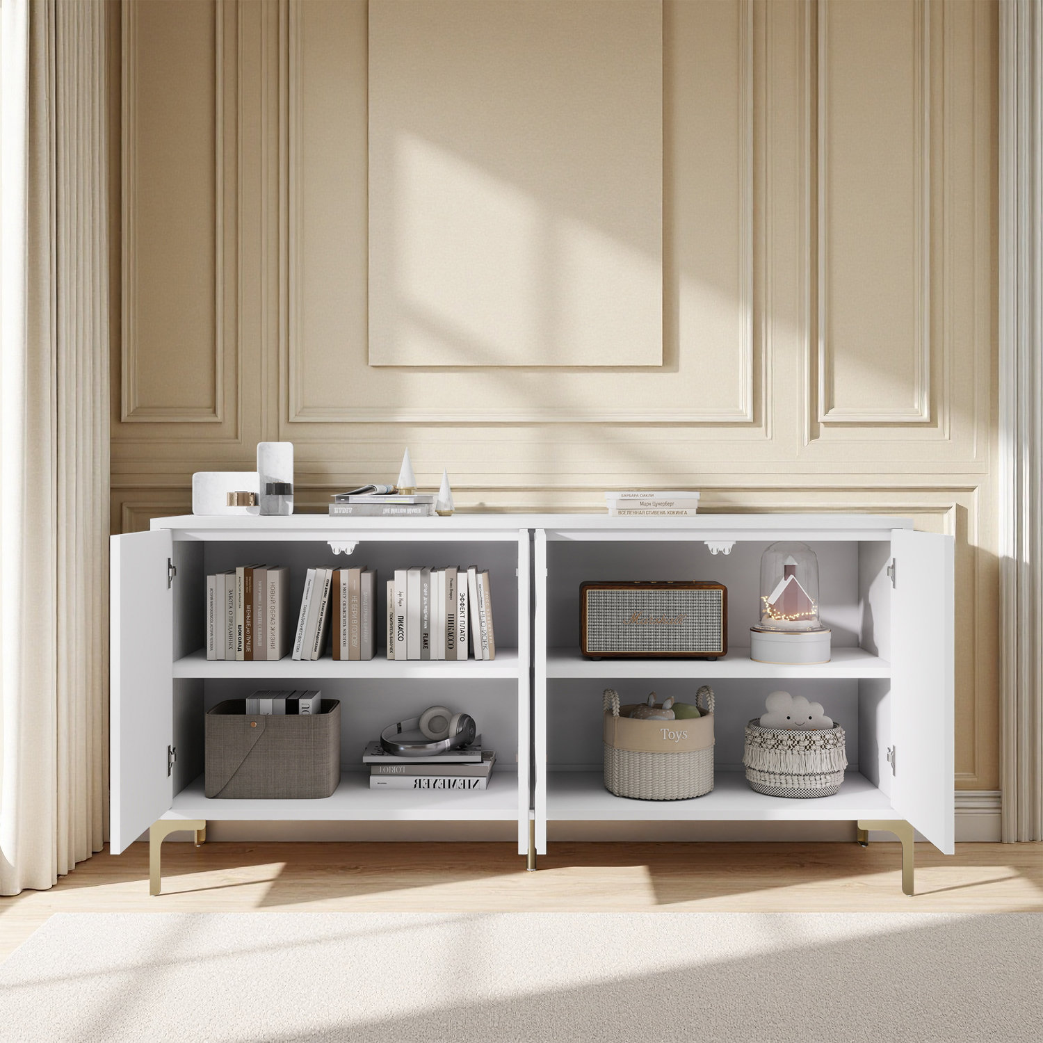 Mercer41 Sideboard Buffet Cabinet Handleless Press-To-Open Design,Carved Credenza Storage ...