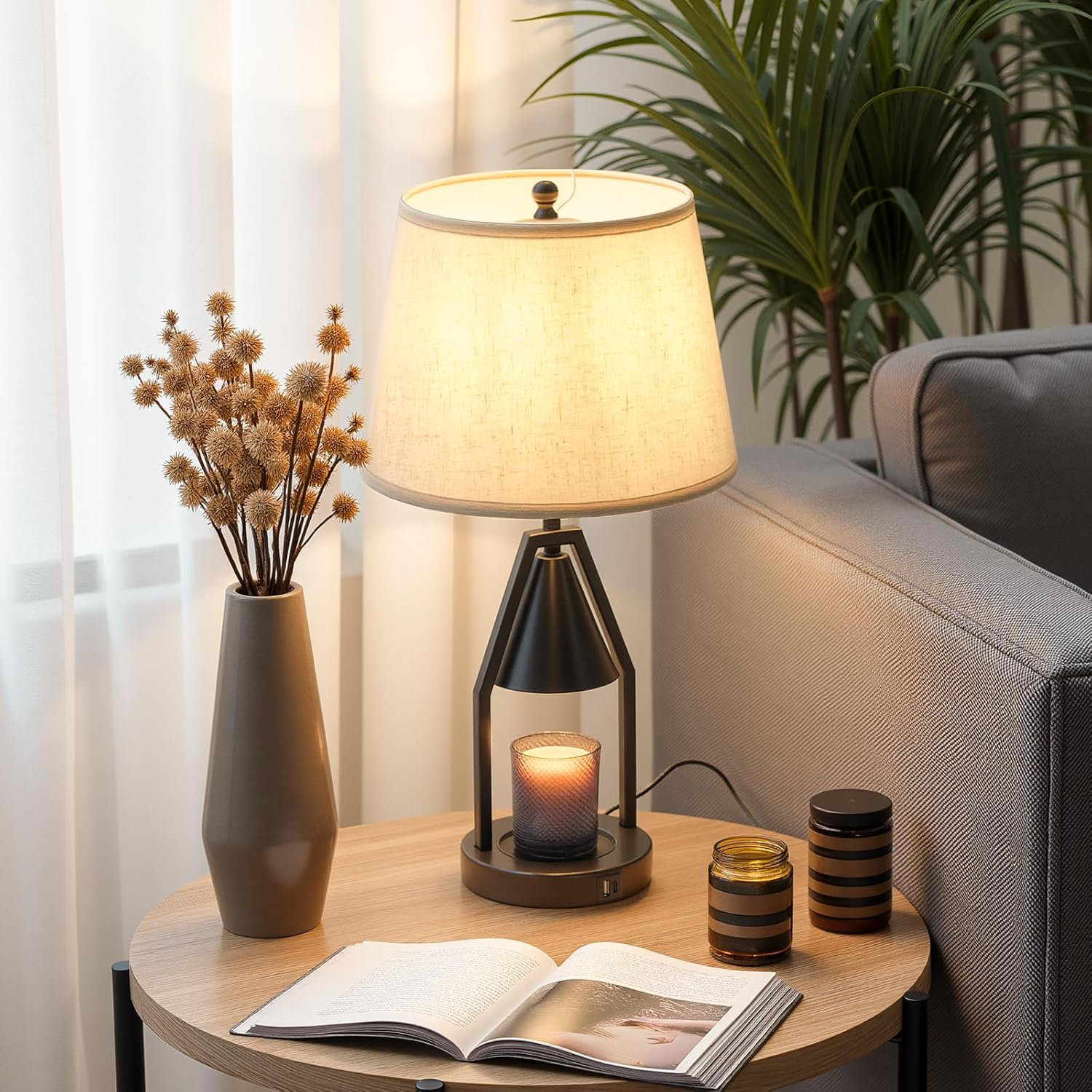 Winston Porter Farmhouse Table Lamps Set Of 2 With Candle Warmer, Timer Function, USB & Type-C ...