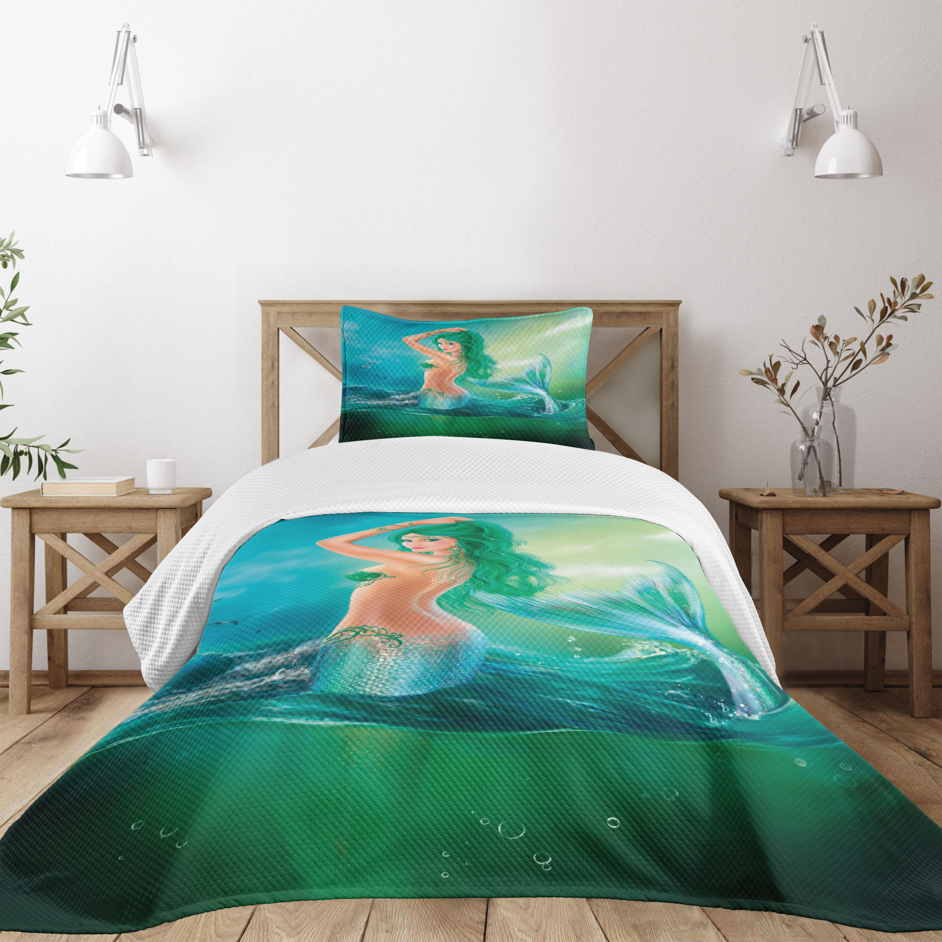 Ambesonne Ocean Bedspread Set Mermaid Tail Waves Sea Blue Green | Wayfair