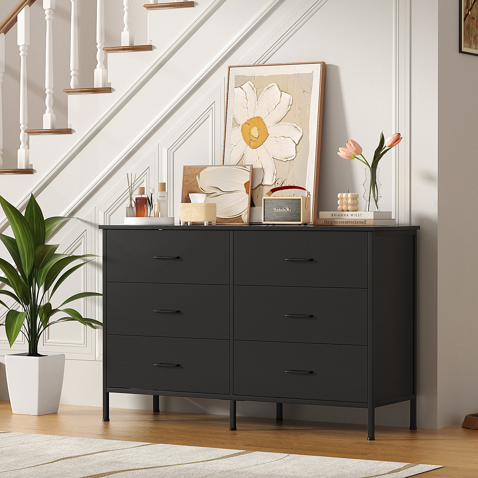 Ebern Designs 47.3'' Drawer Dresser, Wooden Chest Of 6 Drawers With Steel Frame, Modern Storage ...