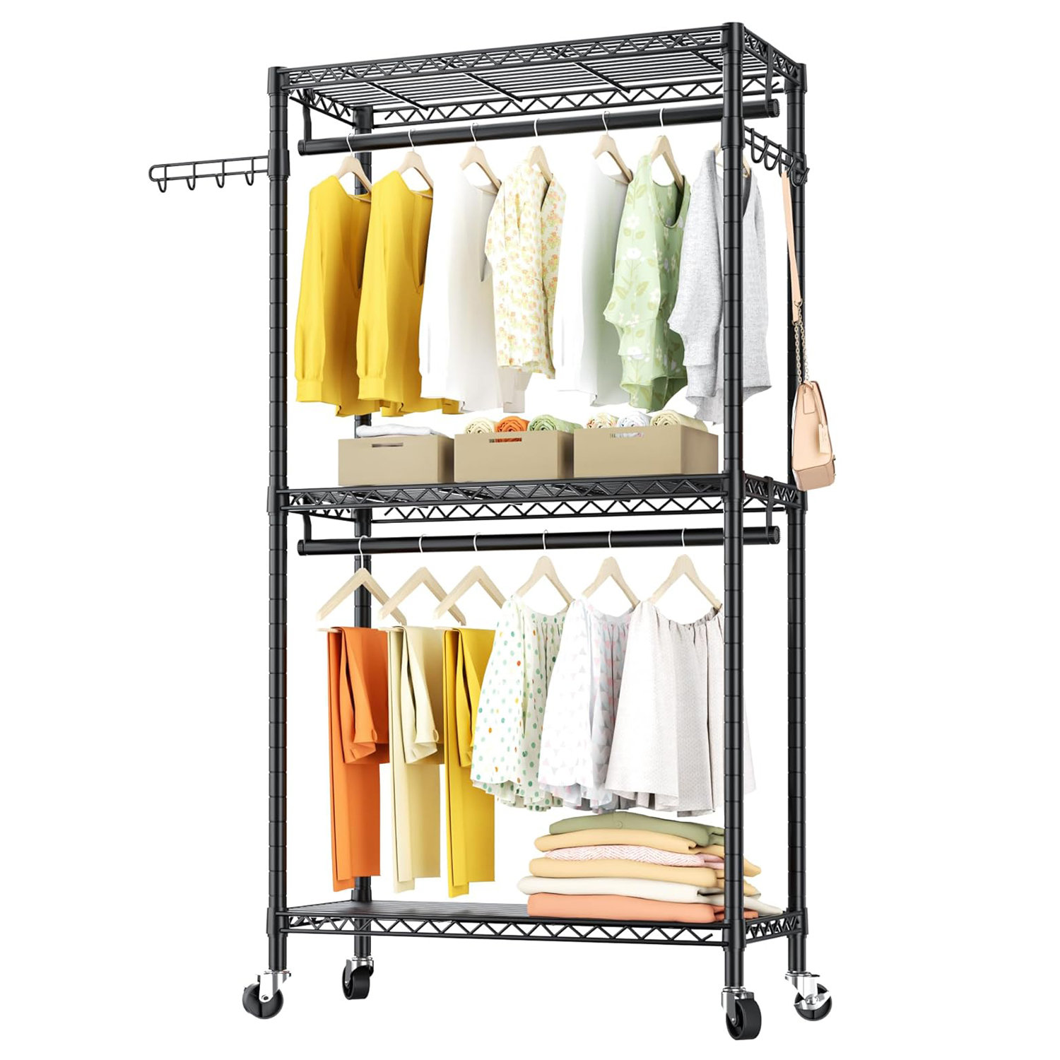 Rebrilliant Rolling Garment Rack, 3 Tier Adjustable Wire Shelving ...