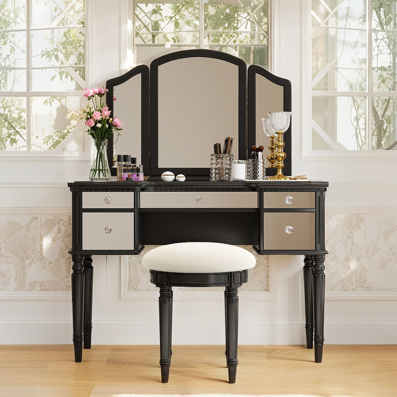 Rosdorf Park Makeup Vanity Set with Tri-fold Mirror and Stool for ...