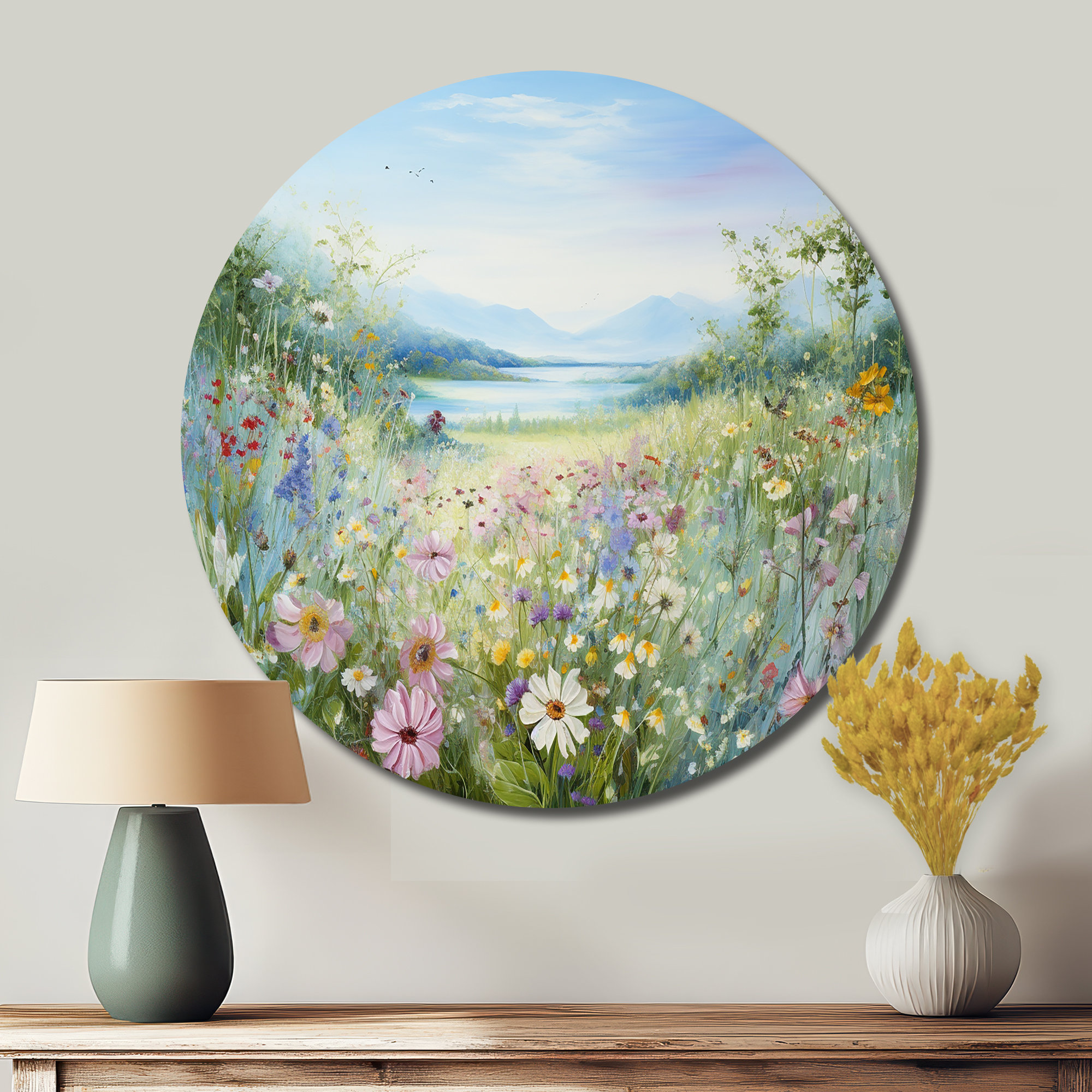 Lark Manor™ Simplity Wreath Green Flower Field - Floral Round Metal Wall Art | Wayfair