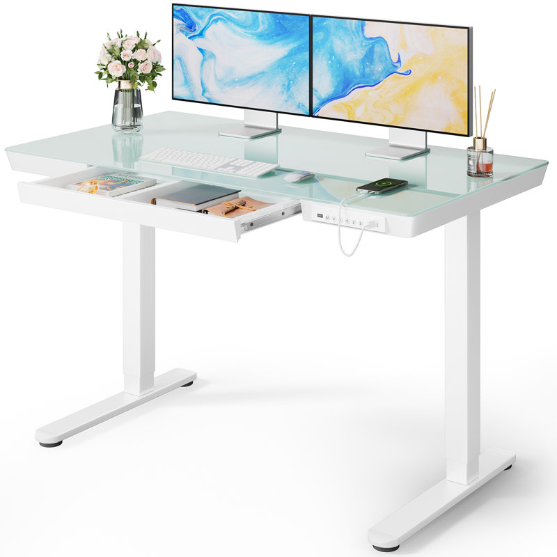 Latitude Run® Smart Height-Adjustable Glass Desk With Drawer Storage ...