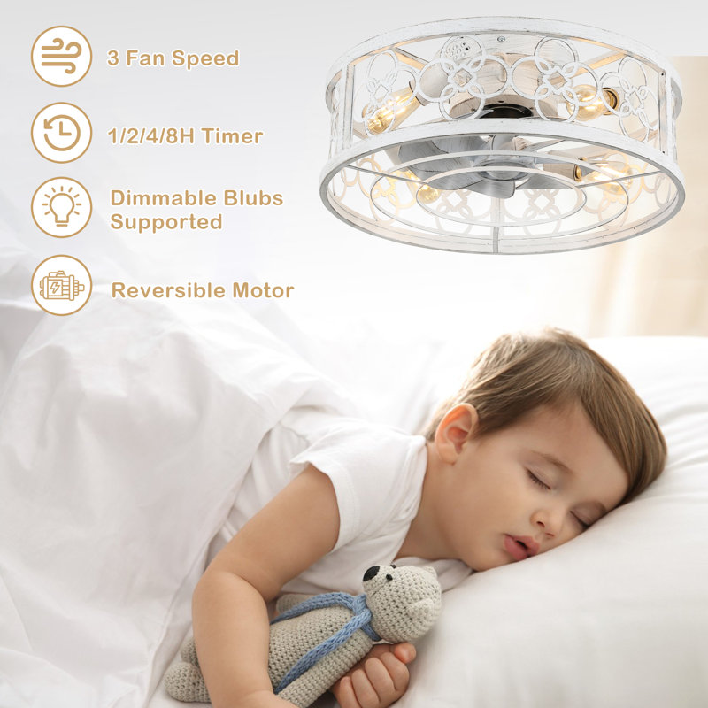 Wrought Studio Gaeton 20" Flush Mount Vintage White Caged Ceiling Fan ...