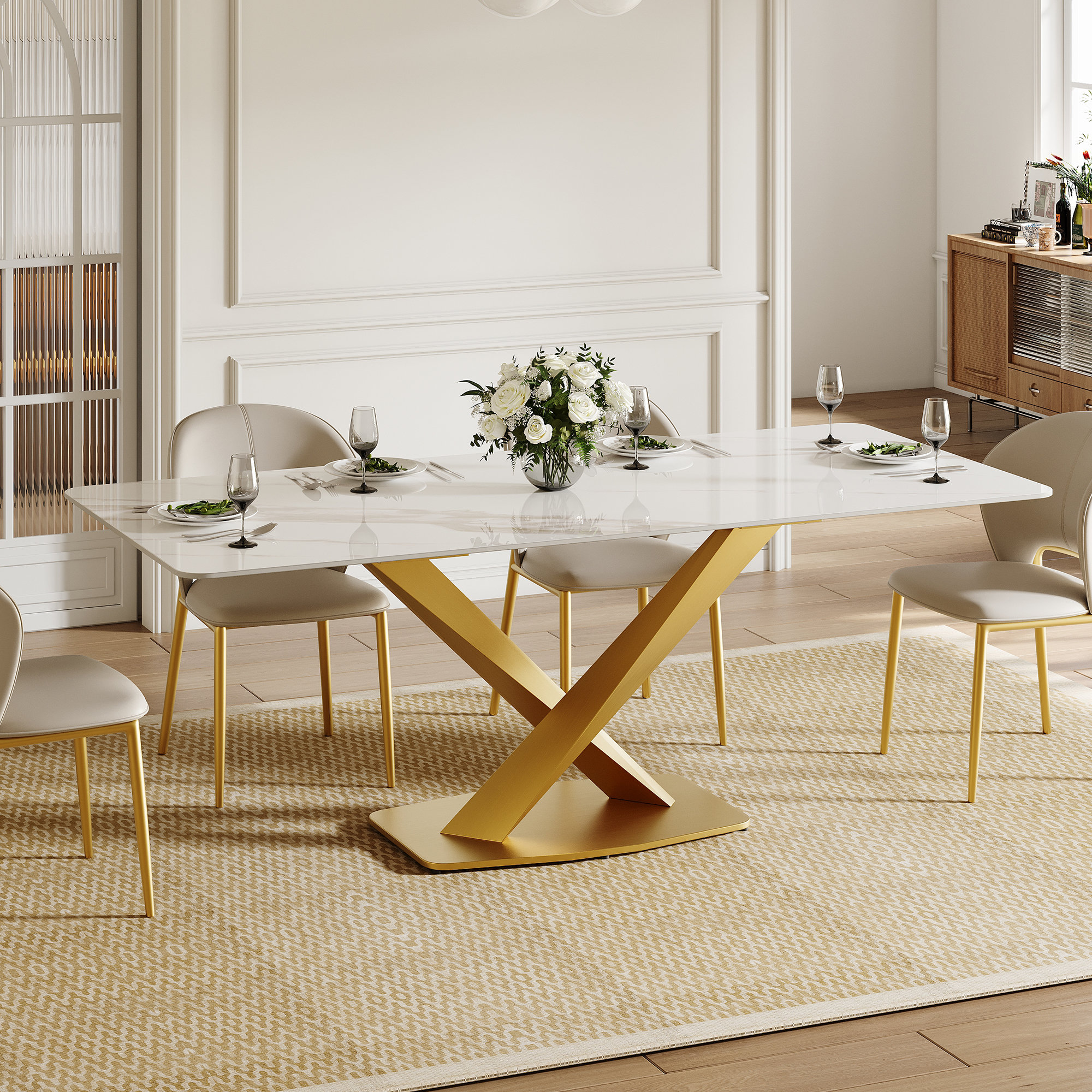 Mercer41 Lesle Rectangular Stone Top Dining Table with Gold X-Base ...