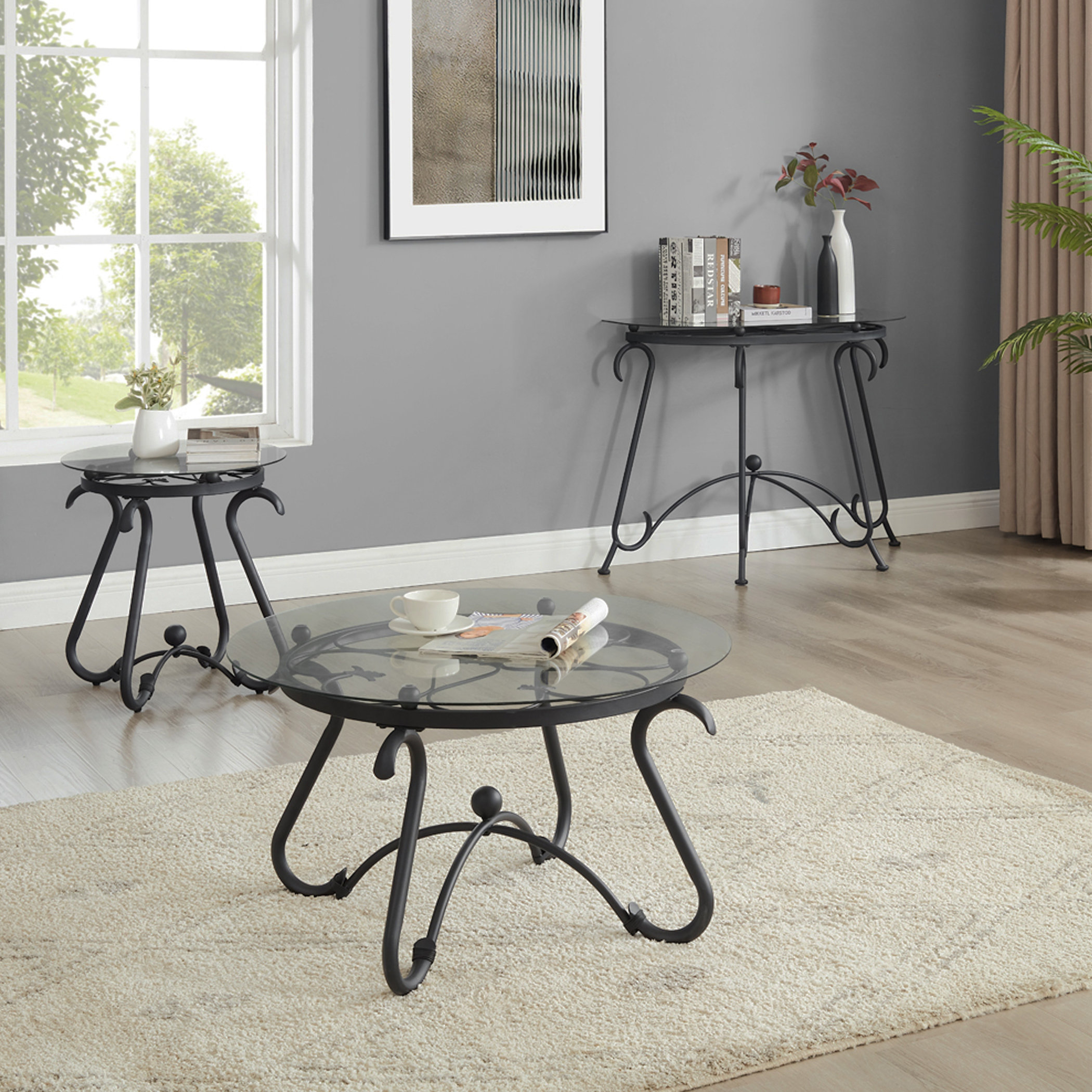 Ebern Designs 2 Piece Tempered Glass Surface Coffee Table Set, Decor ...