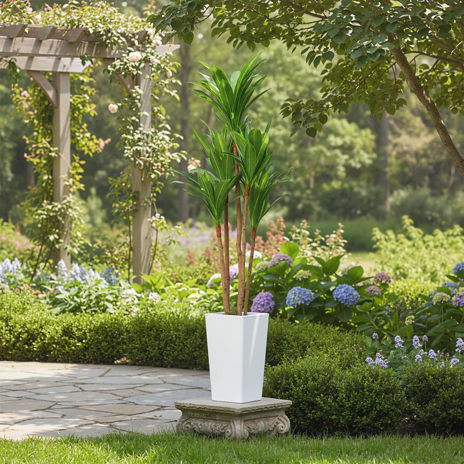 Ebern Designs Artificial Dracaena Tree with White Planter, Tall Faux ...