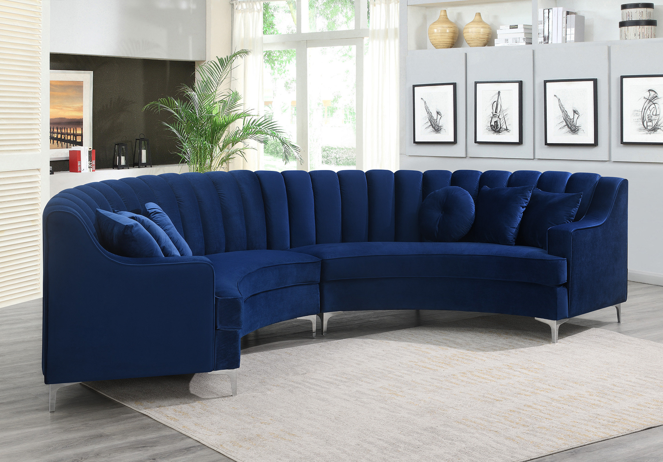 Everly Quinn Mellon 140" Wide Velvet Symmetrical Modular Sectional ...