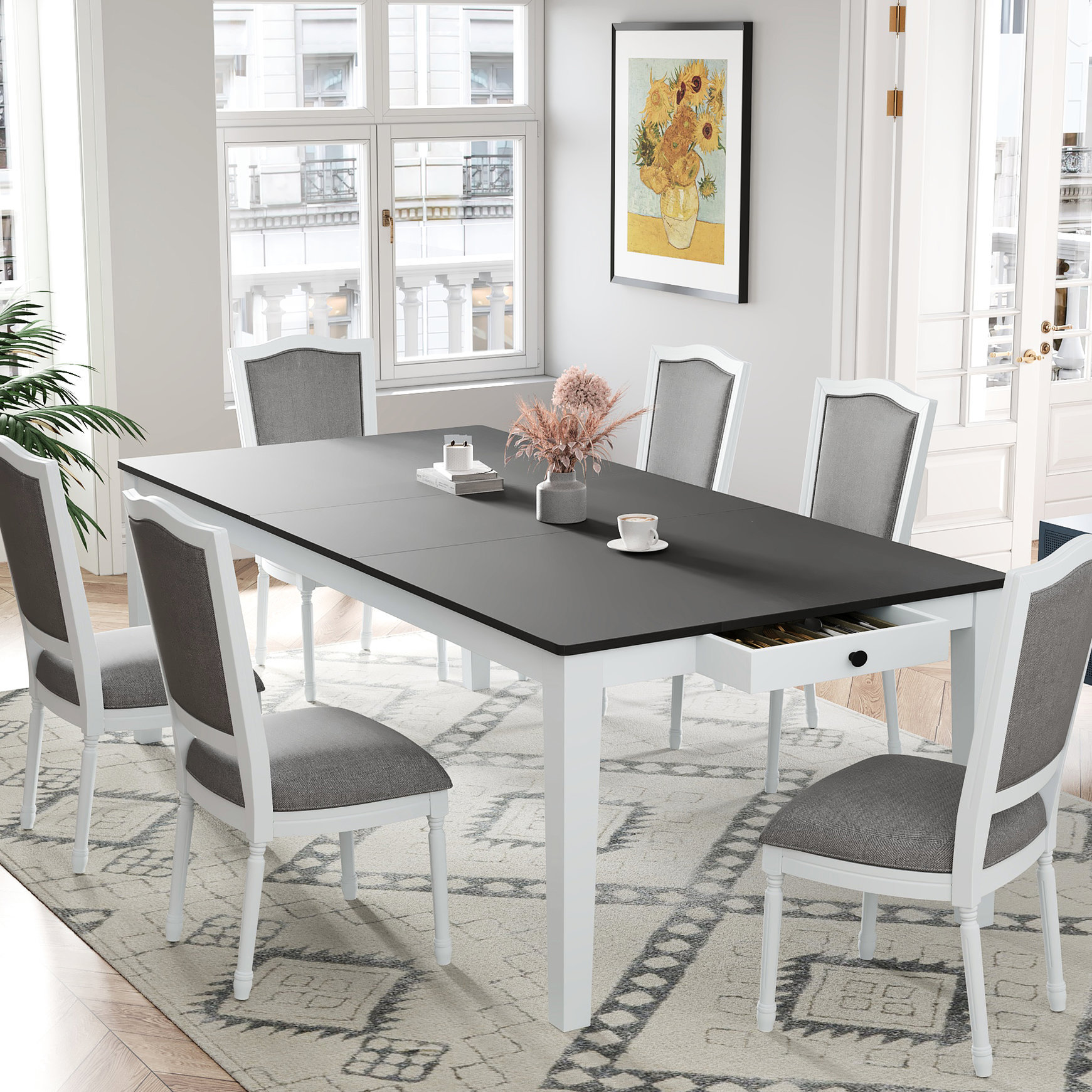 One Allium Way® Rustic Dining For 6, Extendable Solid Wood Table With 2 ...