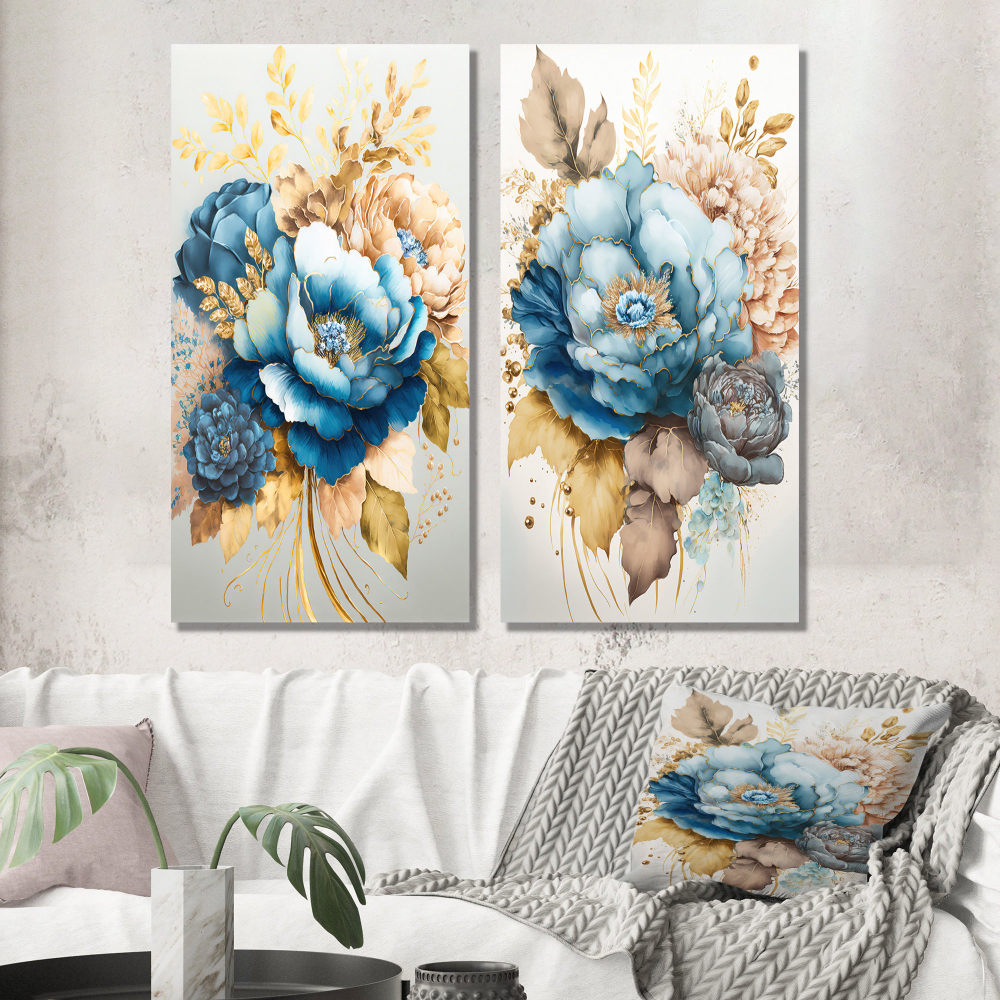 Red Barrel Studio Golden Blue Flower Arrangement - Wall Art For Bedroom ...
