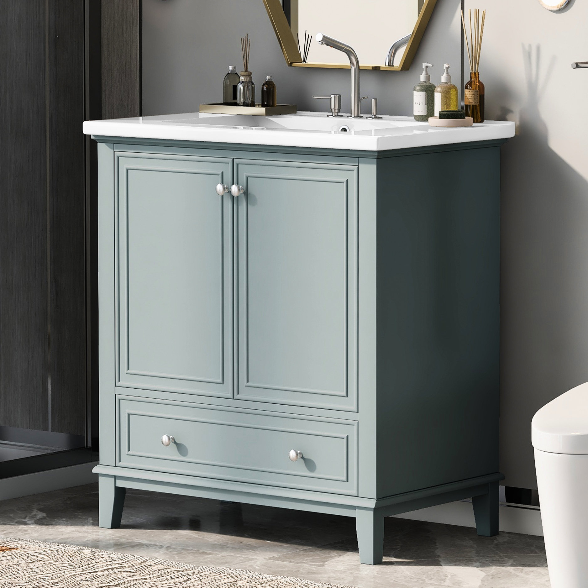 Ebern Designs 30" Bathroom Vanity With Smooth Ceramic Sink, Two - Door ...
