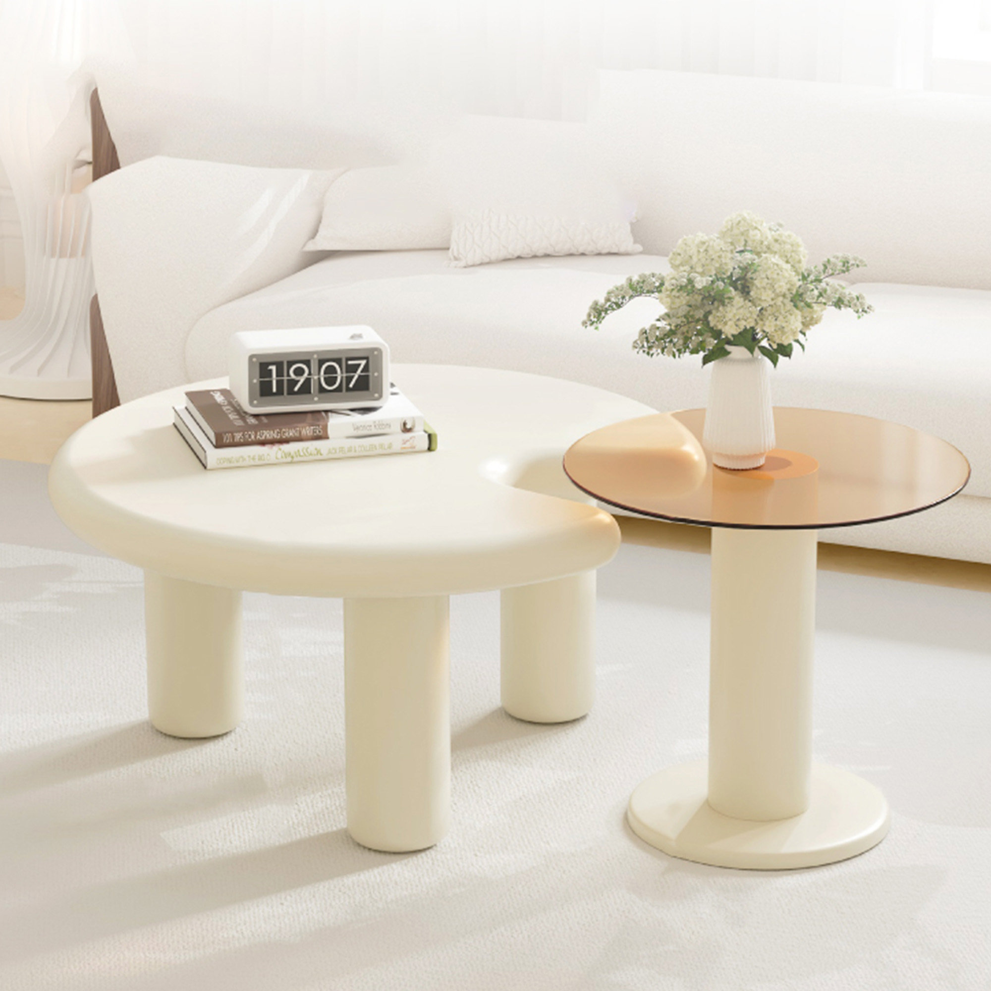 Ivy Bronx Circular Beige Cream Coffee Table Set Easy Assembly For ...
