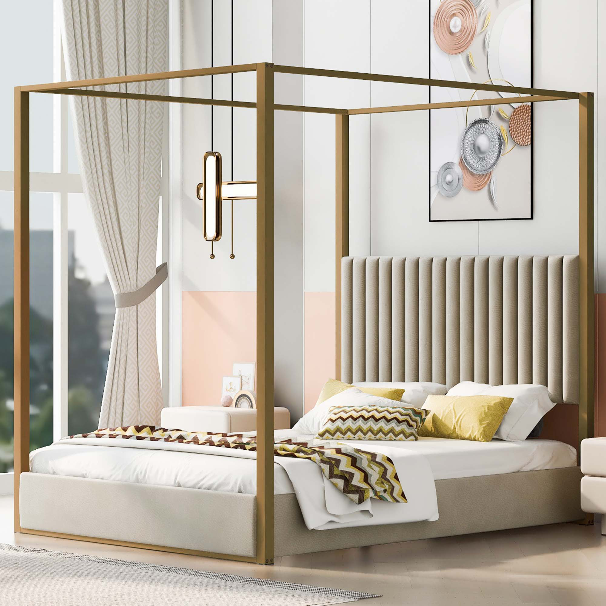 Mercer41 Upholstery Metal Frame Canopy Platform Bed With Headboard