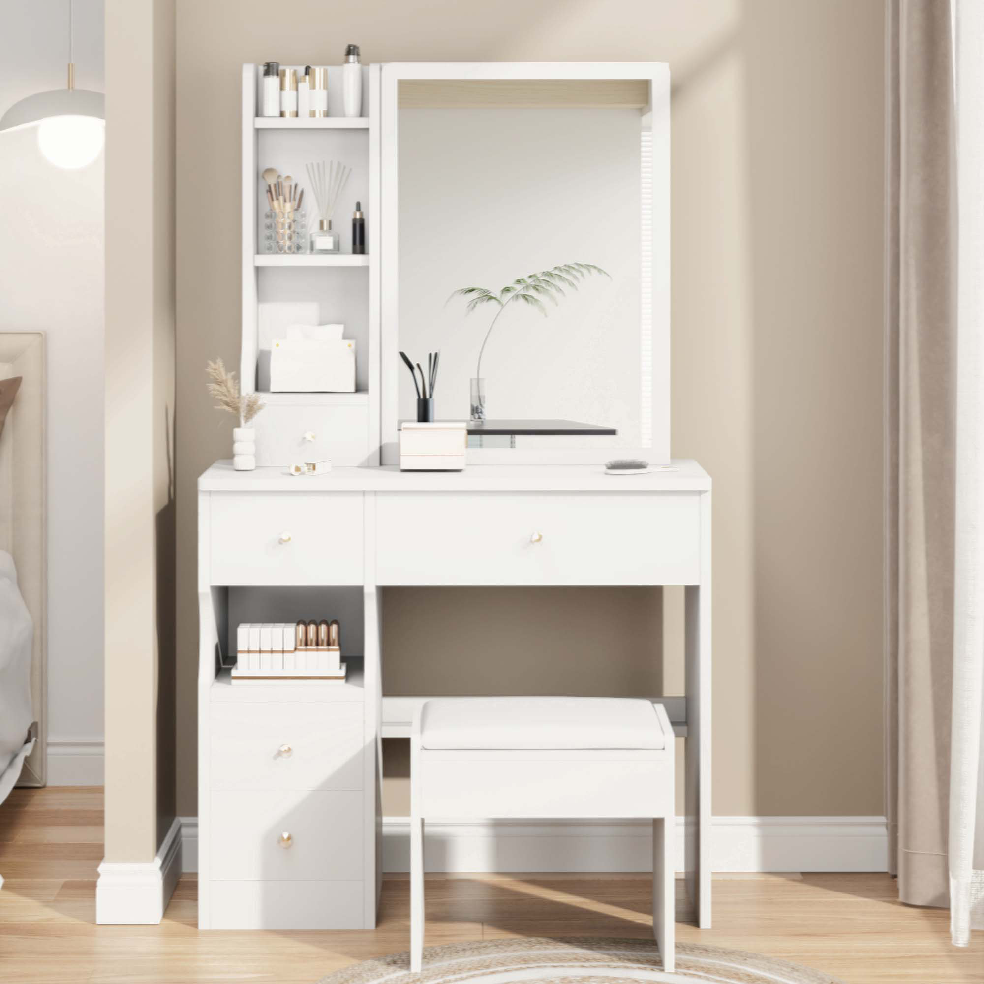 Ebern Designs Small Space Left Drawer Desktop Vanity Table + Cushioned ...
