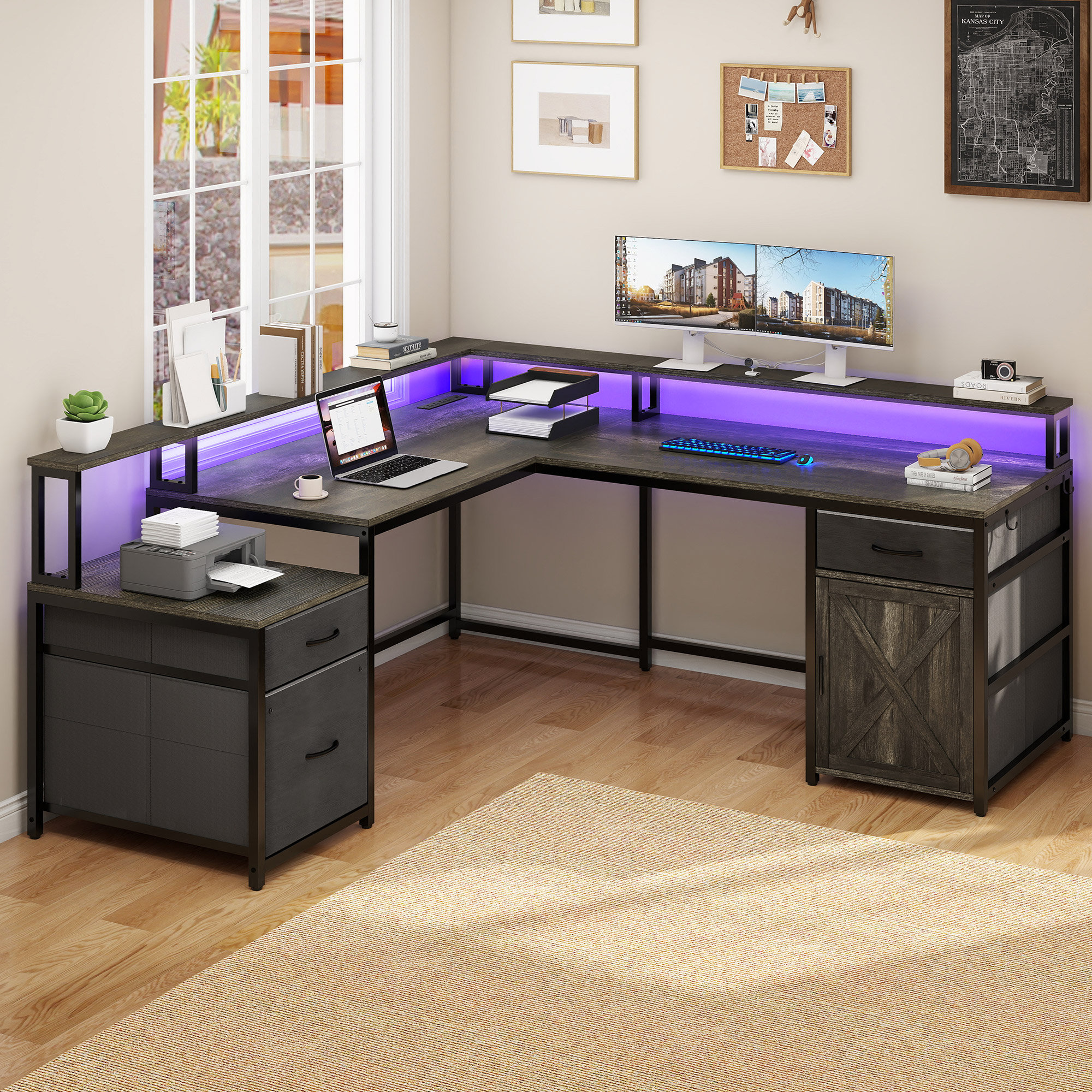 Wrought Studio™ 63'' L-Shaped Desk With Power Outlets & LED Lights ...