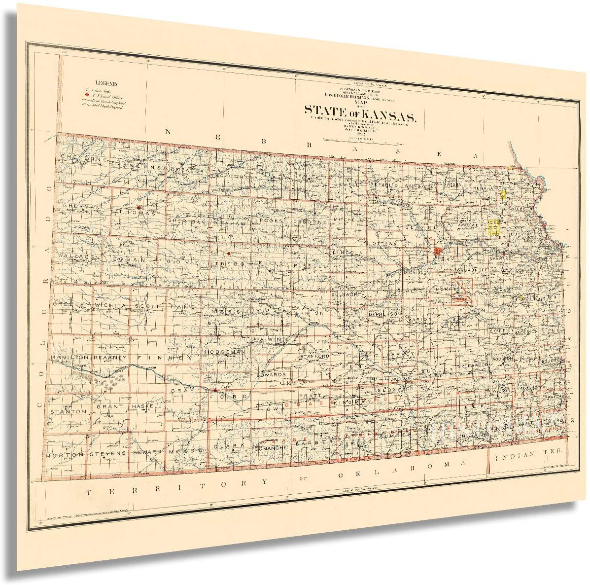 HISTORIC PRINTS HISTORIX Vintage 1898 Kansas State Map - 24X36 Inch ...