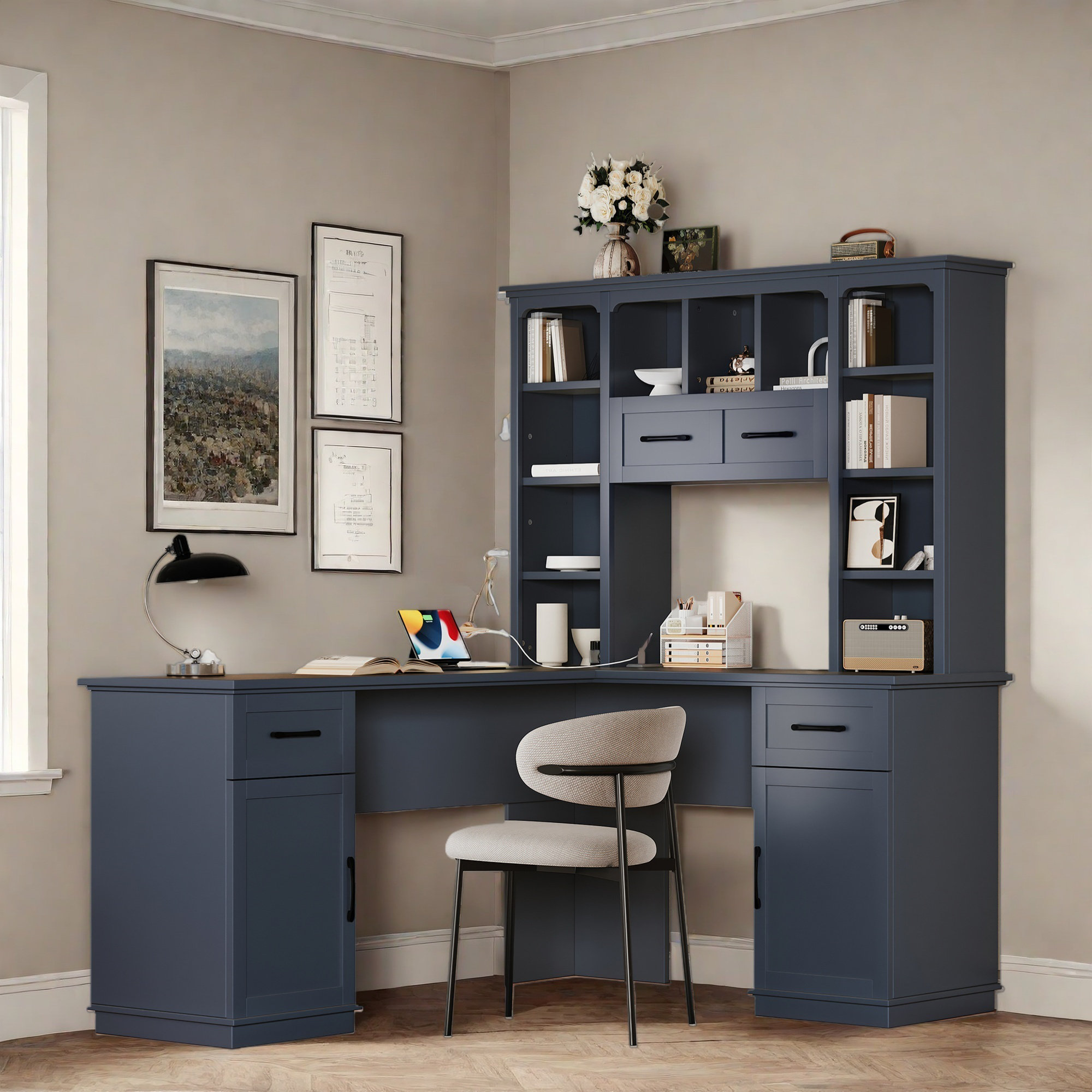 Lark Manor L-shaped Computer Desk With 2 Cabinets, 2 Drawers, 11 Open ...