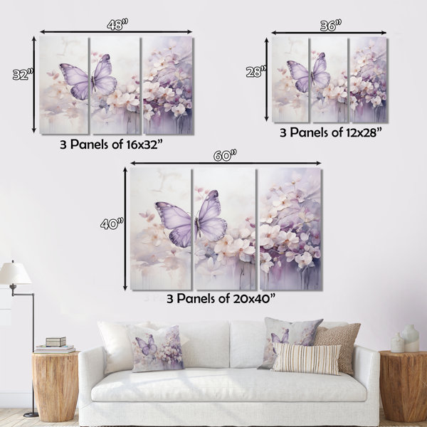 Gracie Oaks Purple Butterfly Enchanted Flight II 3 Pieces | Wayfair