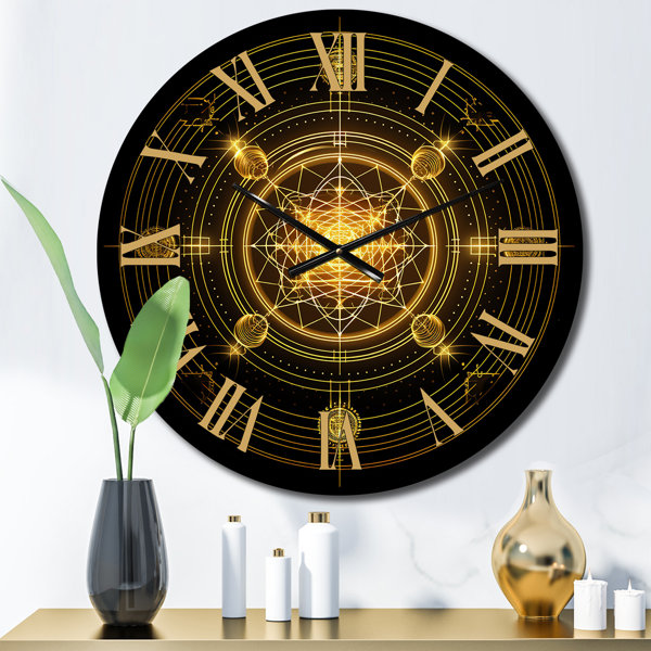DesignArt Knowing Sacred Geometry Gold On Black I Wall Clock | Wayfair