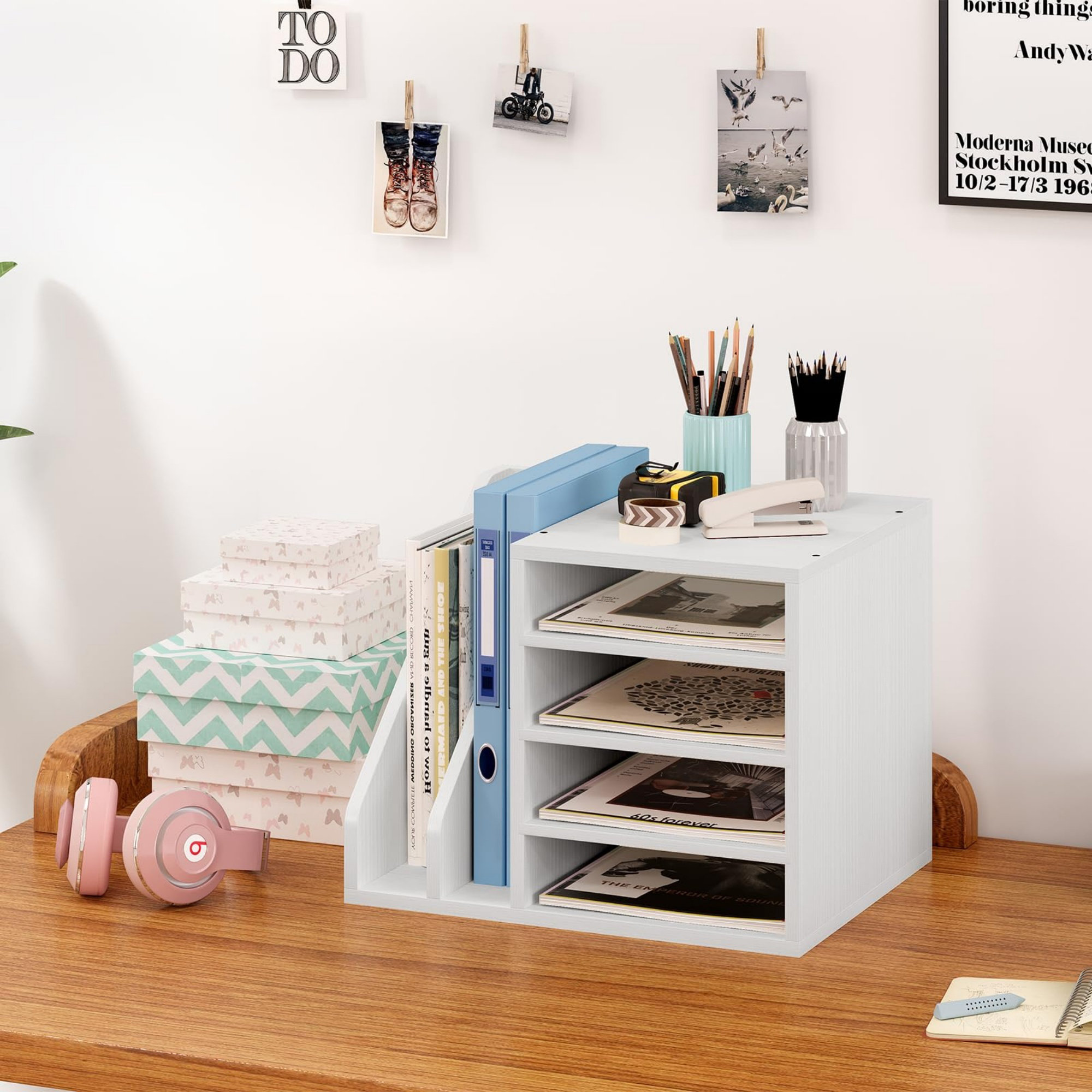 Latitude Run® Wood Desk Organizer File Holder, Wooden Mail Organizer ...